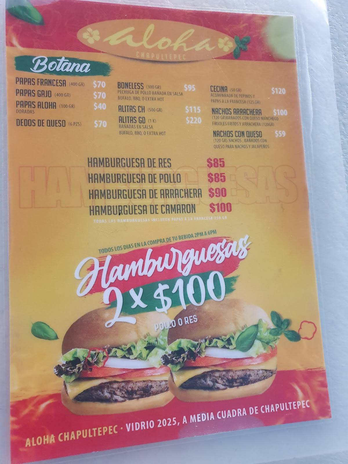 Carta de Aloha Bar Chapultepec, Guadalajara