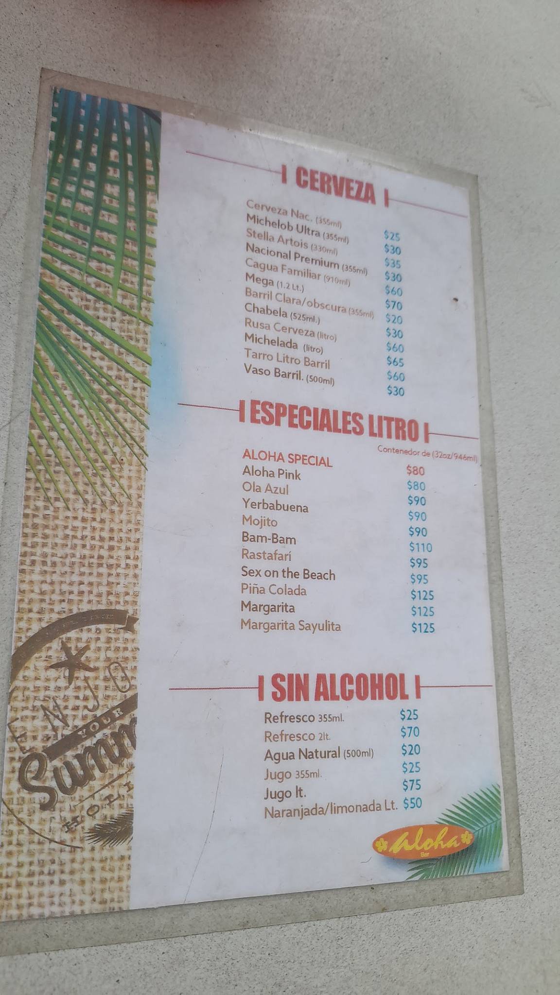 Carta de Aloha Bar, Zapopan, A. Periférico Sur Manuel Gómez Morin 75
