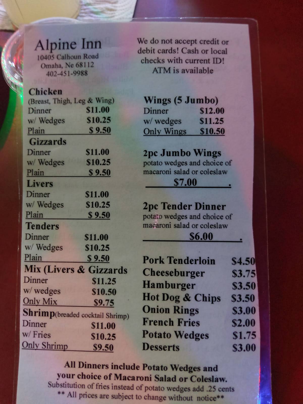 Menu at Alpine Inn pub & bar, Omaha