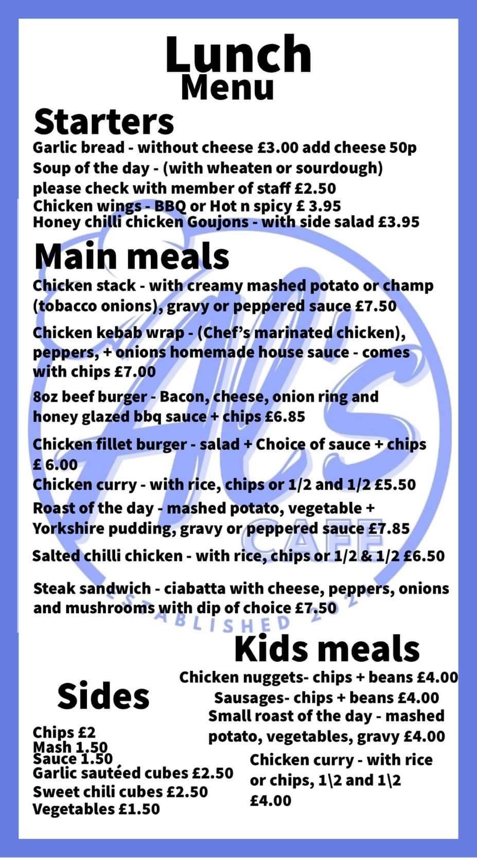 Menu at Al’s cafe, Belfast