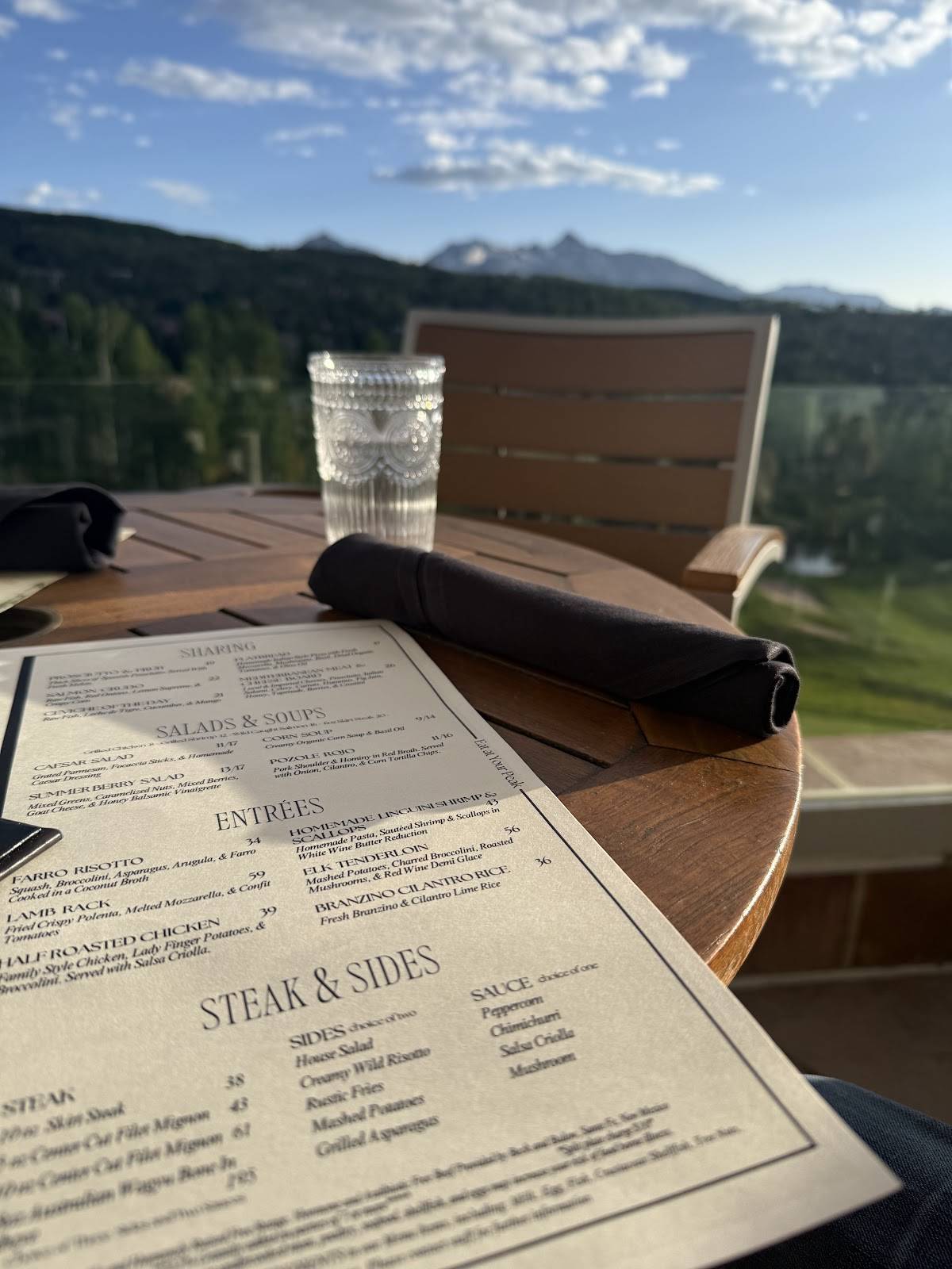 Menu at Altezza at the Peaks restaurant, Telluride