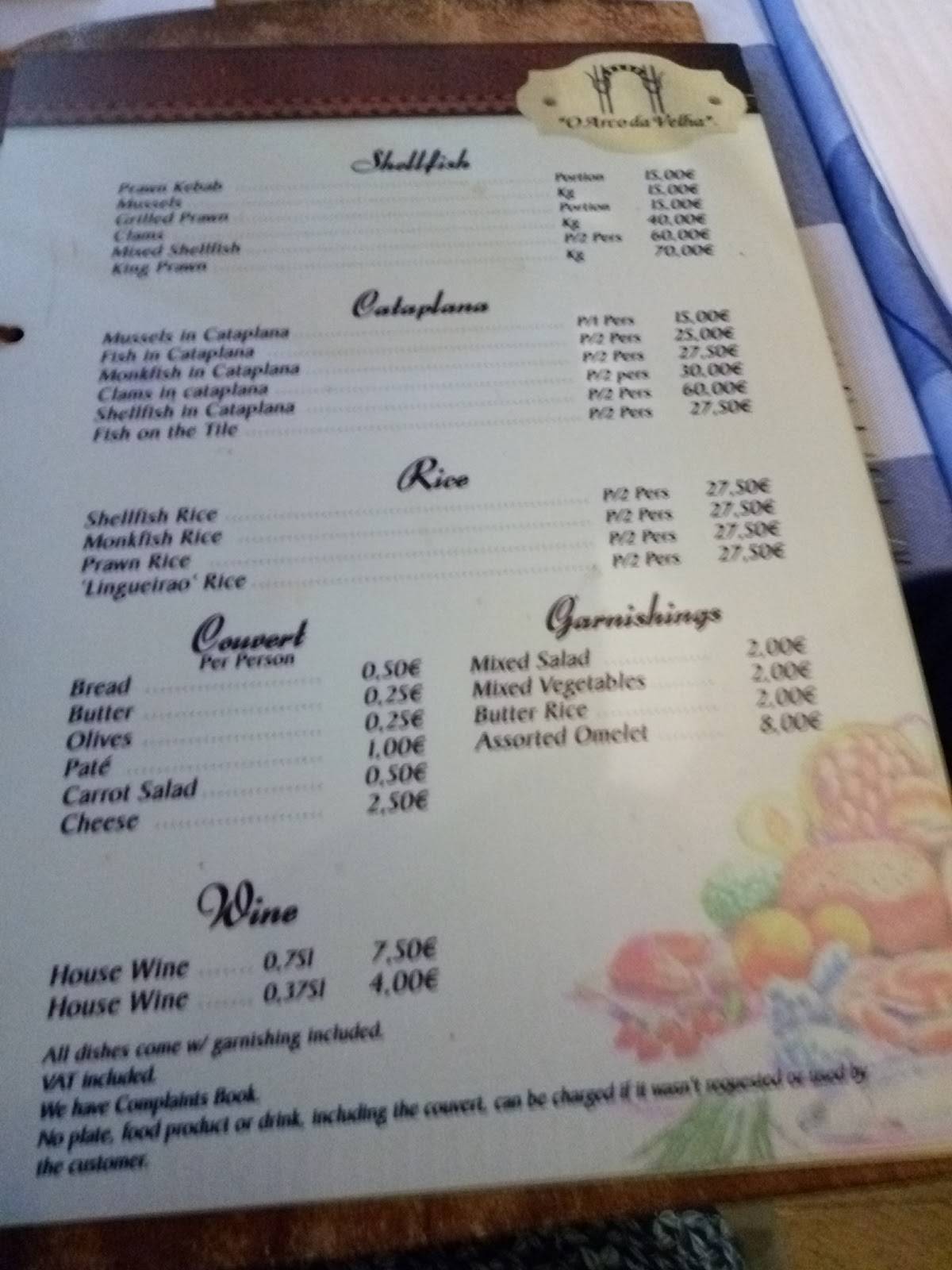 Carta del restaurante O Arco da Velha, Alvor, Largo da Ribeira 6A