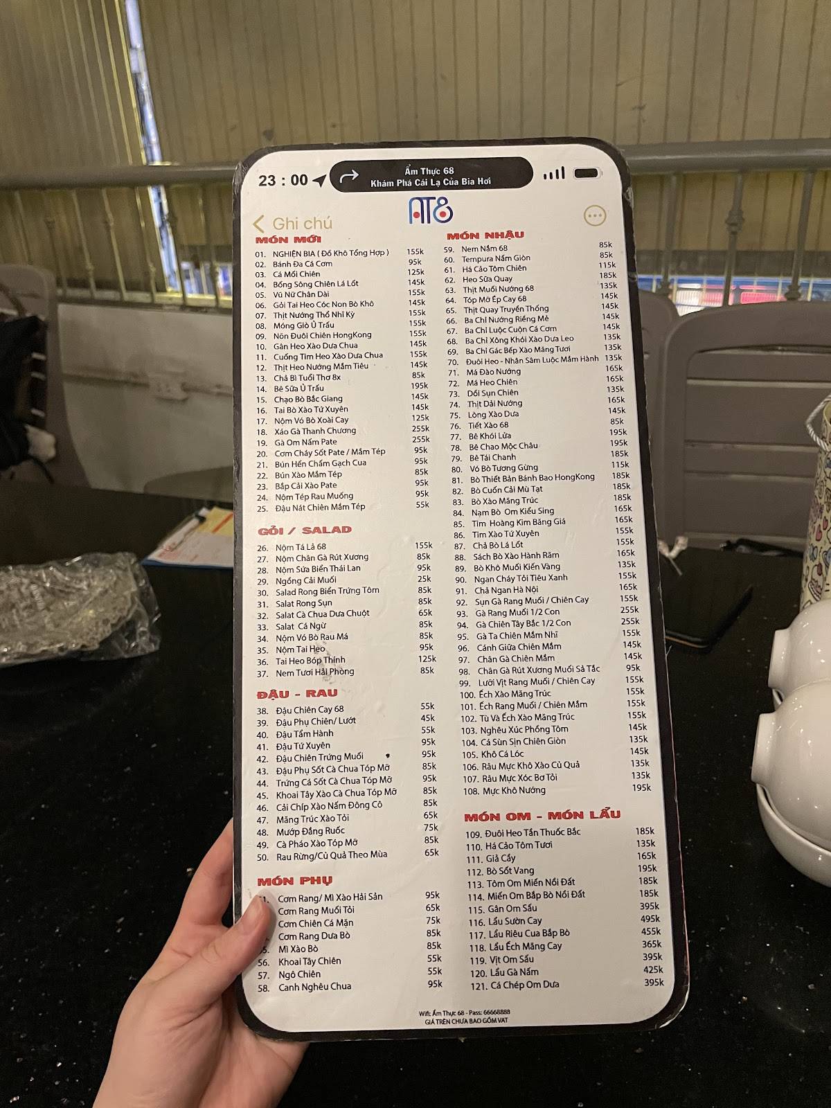 Menu at Ẩm Thực 68 restaurant, Hanoi
