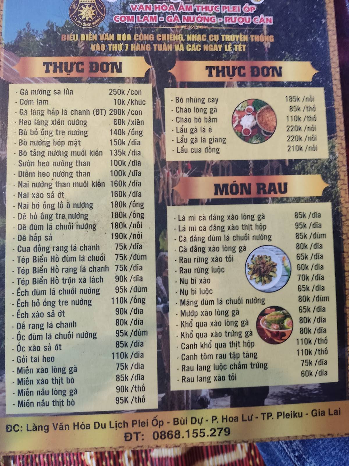 Menu at Ẩm Thực Plây Cồng Chiêng restaurant, Pleiku