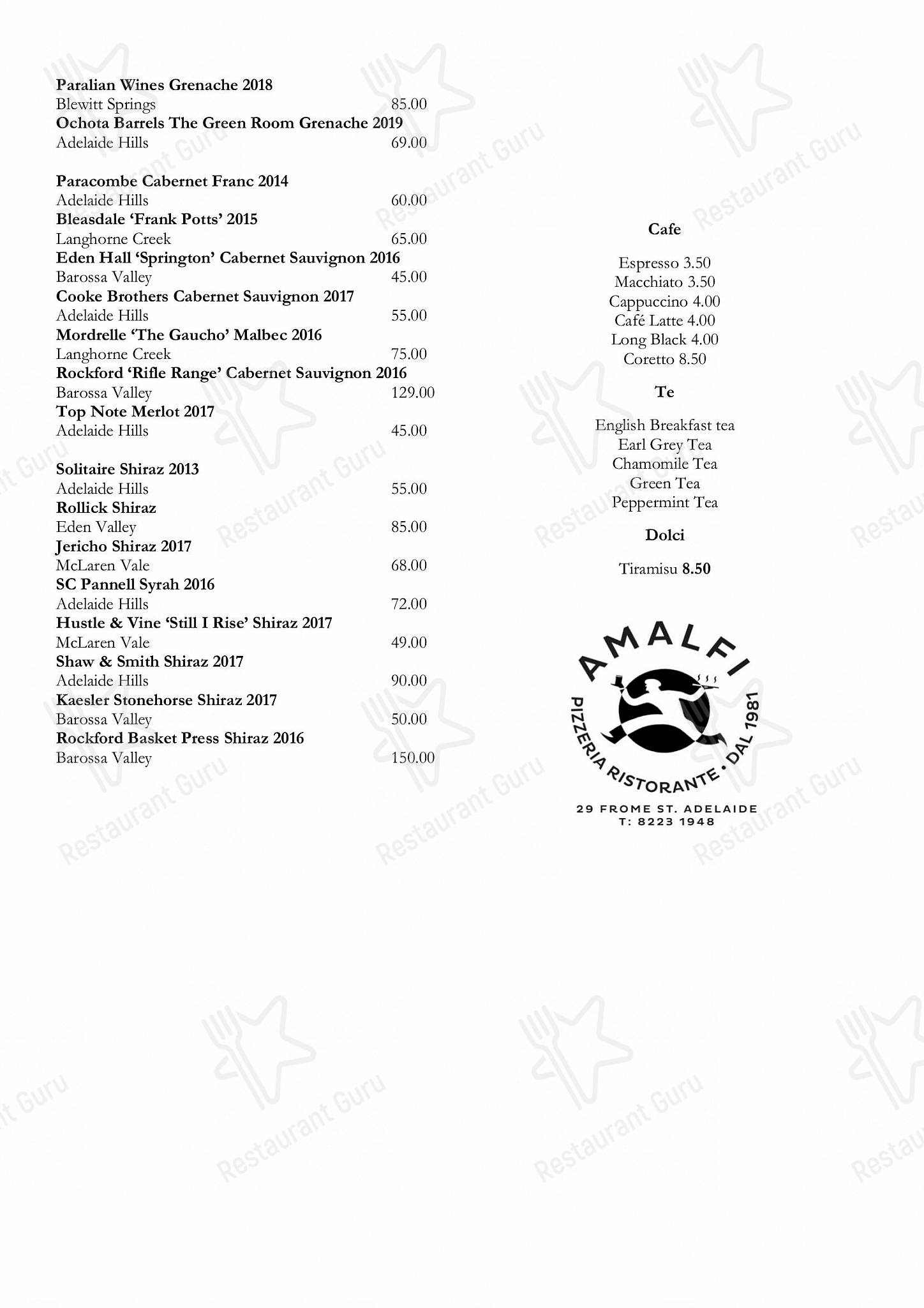 Menu at Amalfi Pizzeria Ristorante, Adelaide