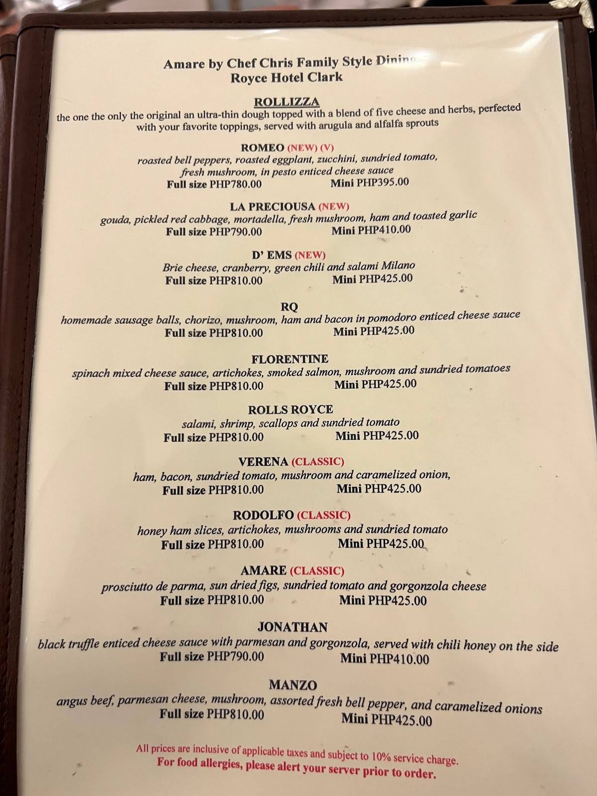 Menu at Amare by Chef Chris restaurant, Angeles, Royce Hotel M. A ...
