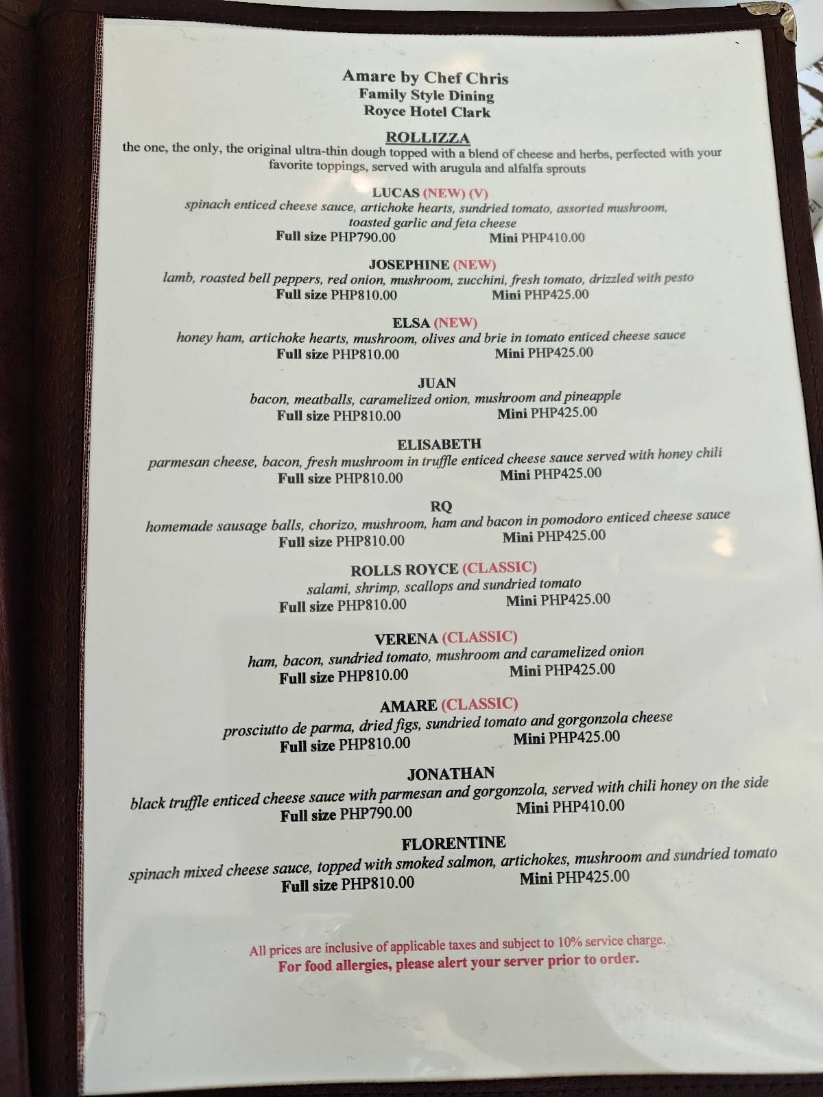 Menu at Amare by Chef Chris restaurant, Angeles, Royce Hotel M. A ...