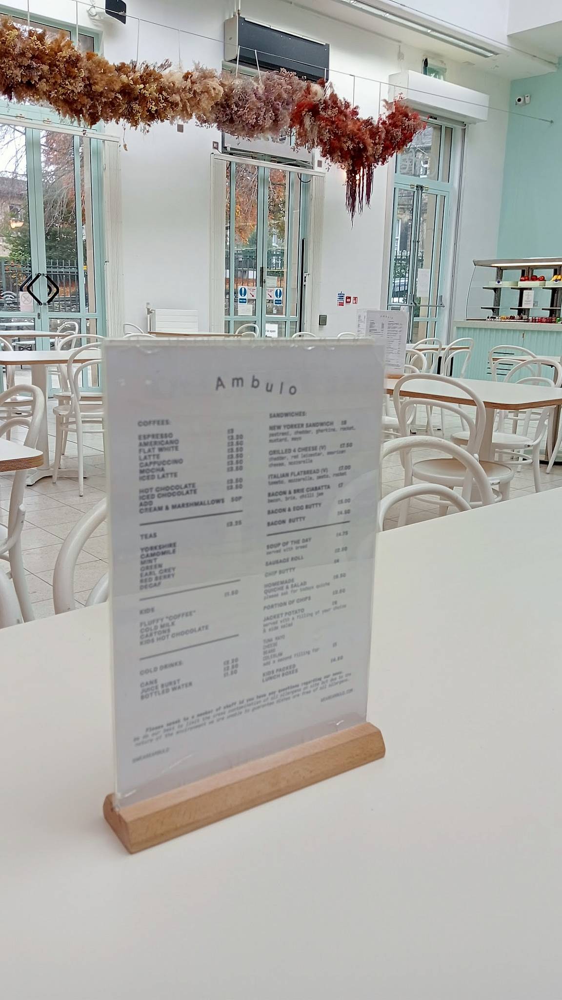 Menu at Ambulo cafe, Sheffield, Weston Park Museum
