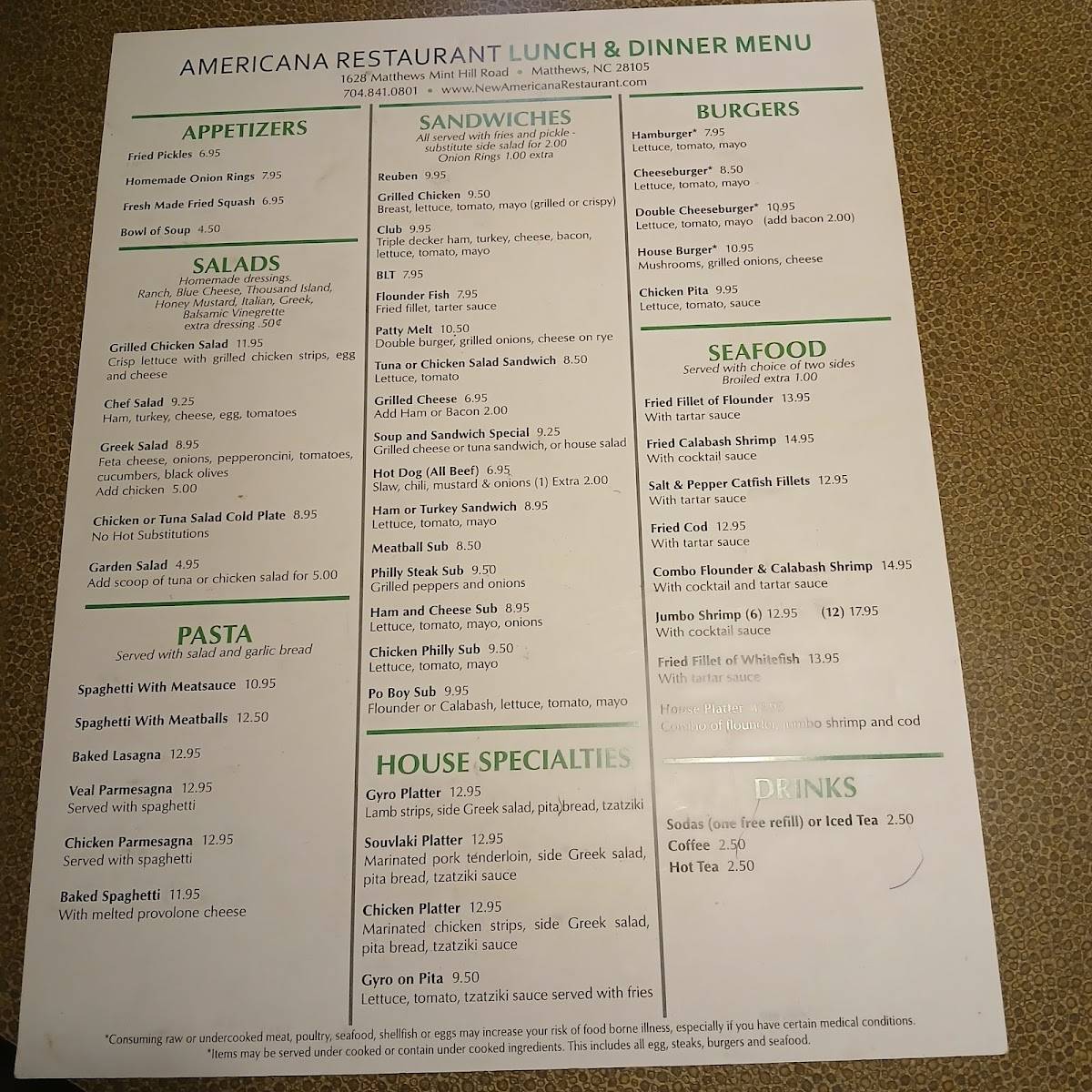 Menu at Americana Restaurant, Matthews, Matthews-Mint Hill Rd