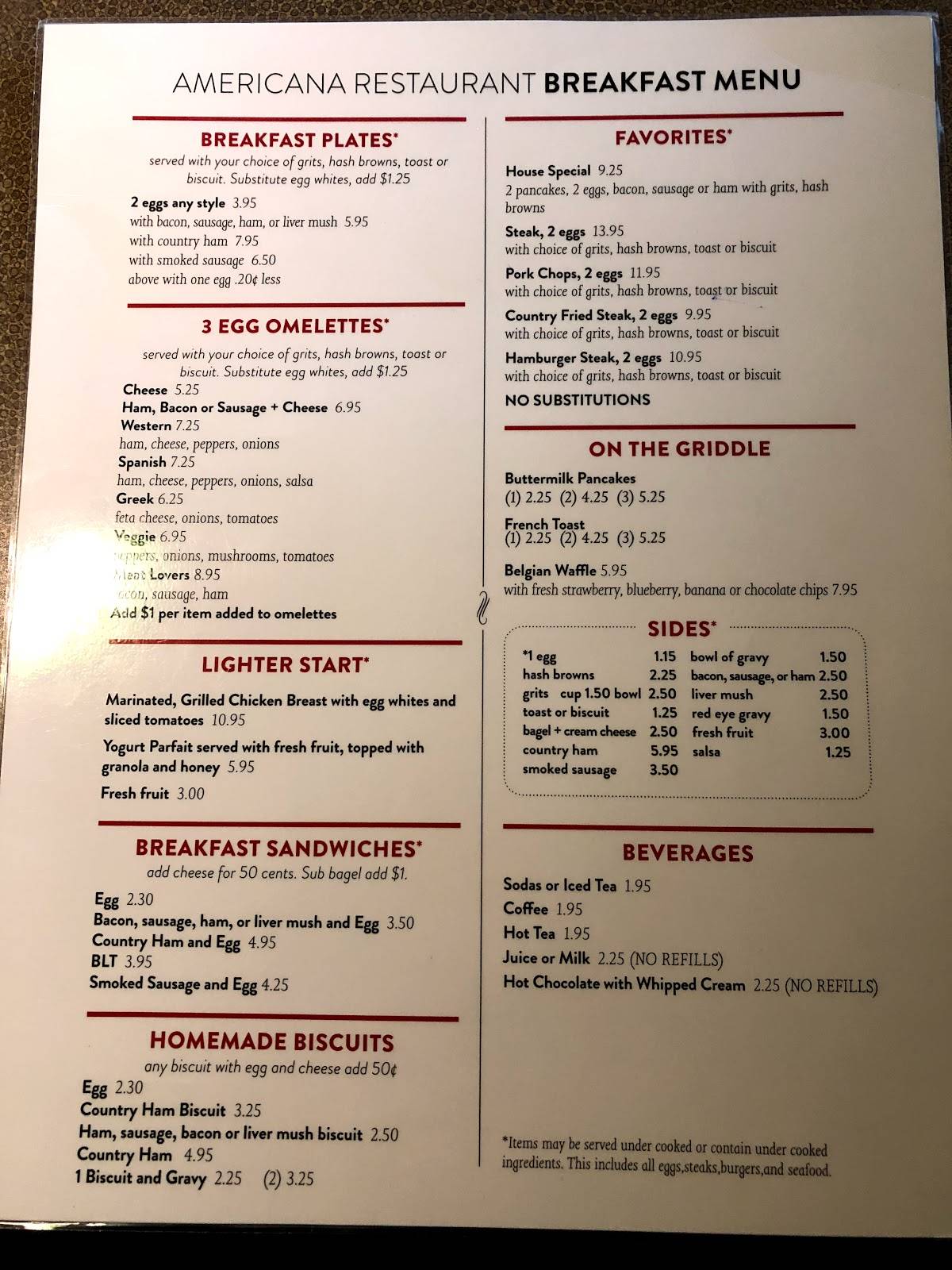 Menu at Americana Restaurant, Matthews, Matthews-Mint Hill Rd