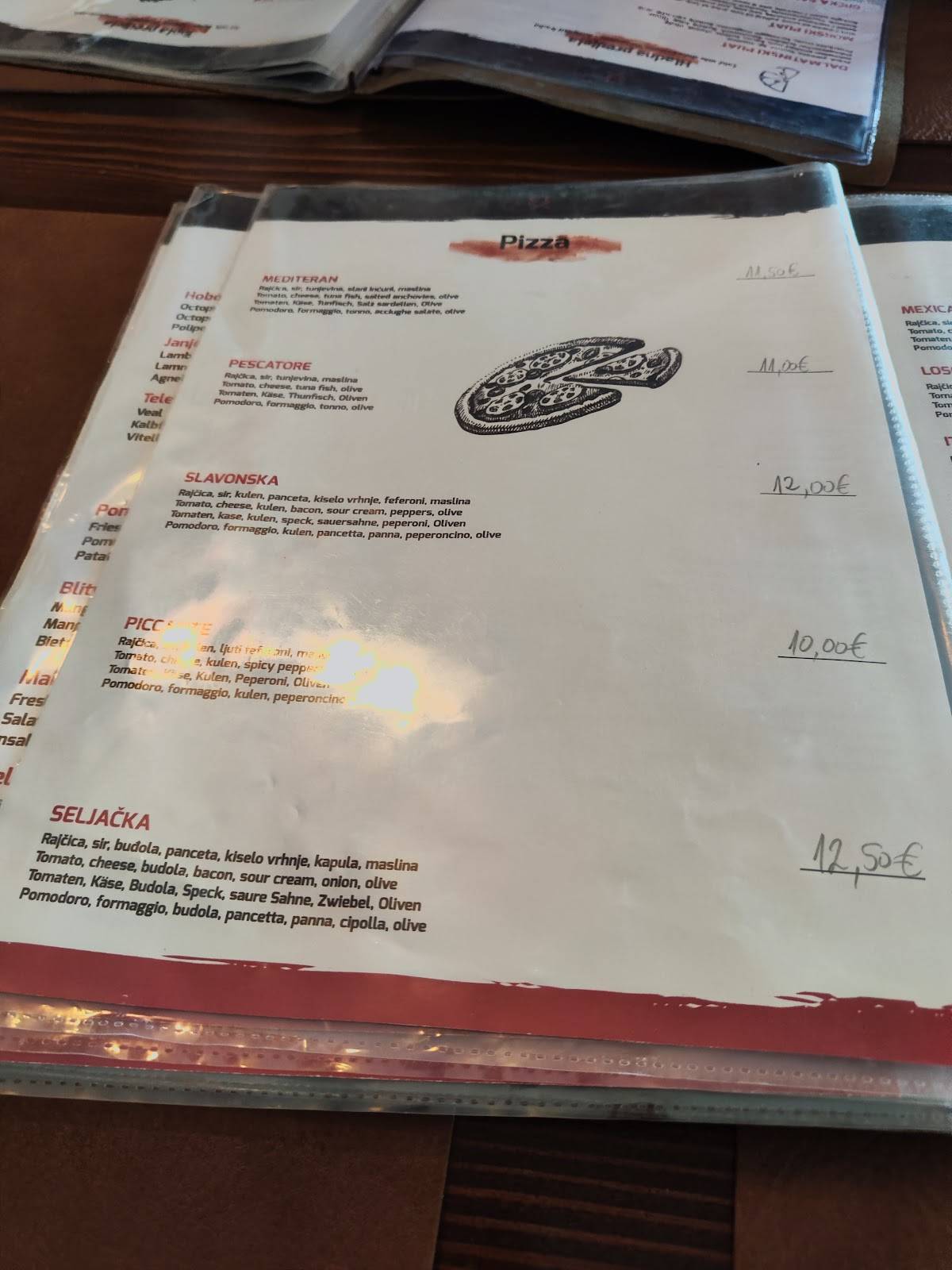Menu at Amfora restaurant, Pašman