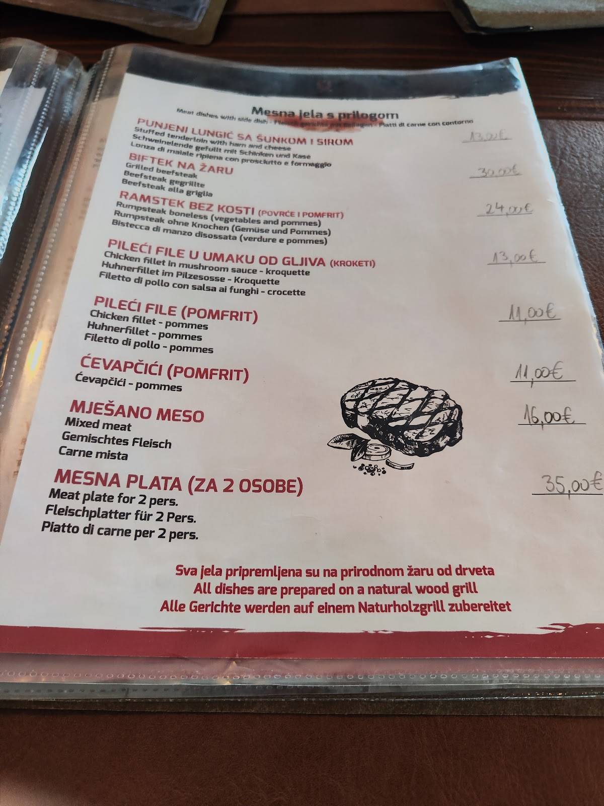 Menu at Amfora restaurant, Pašman