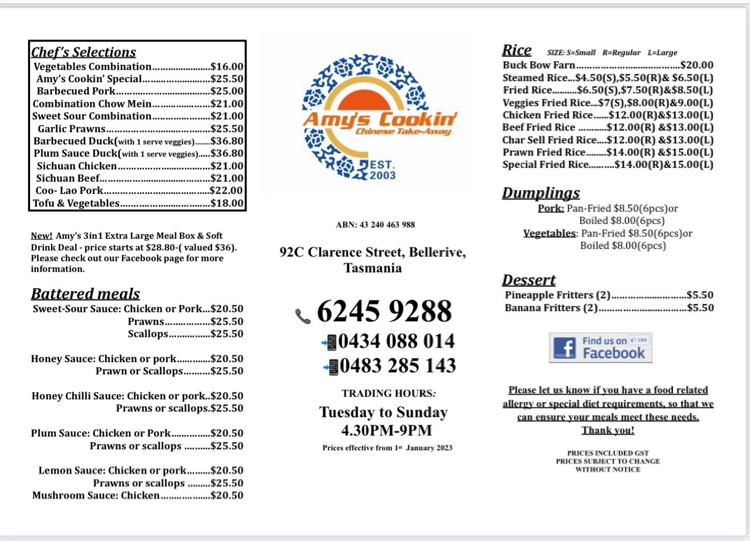 Menu at Amy's Cookin Chinese Take-away Shop fast food, Bellerive