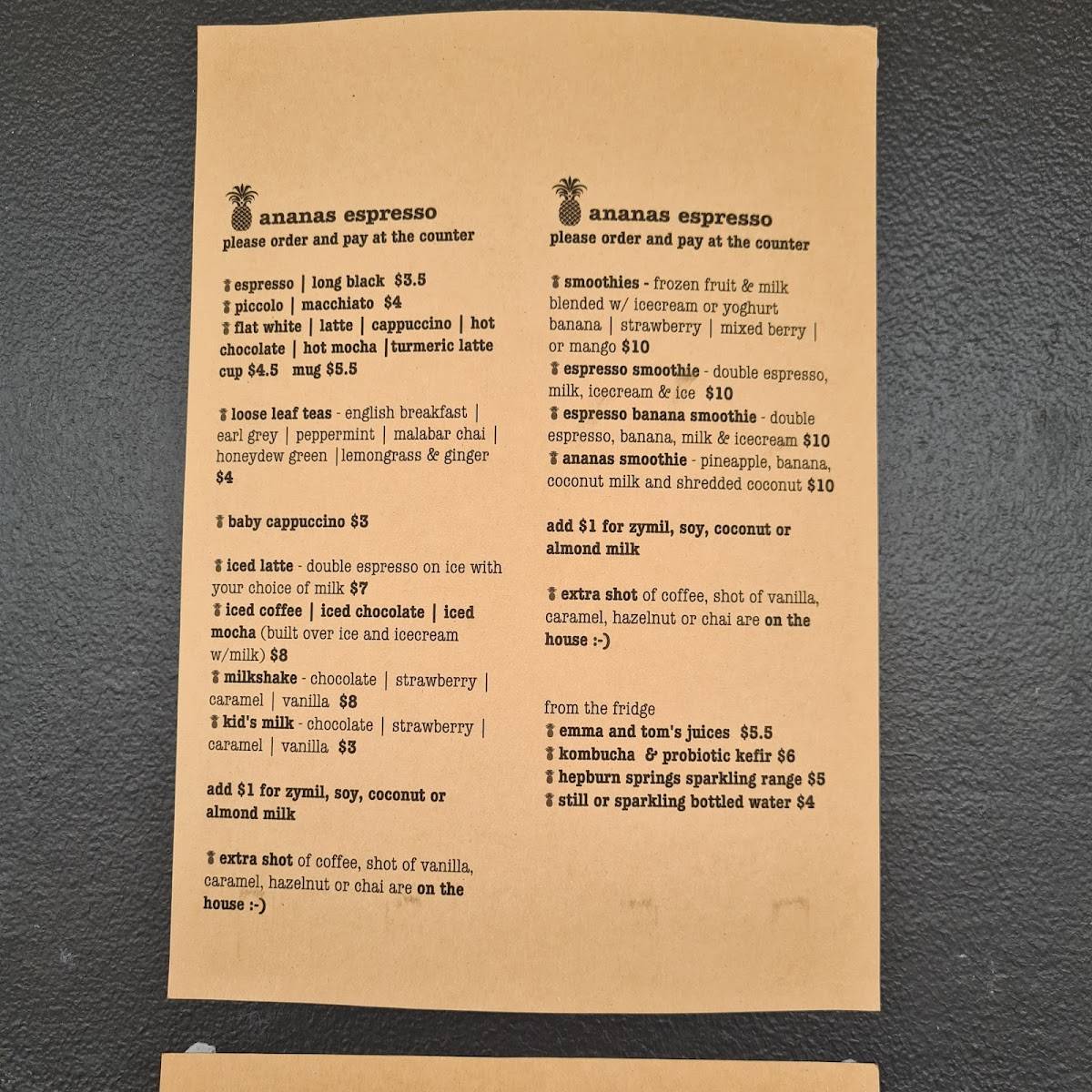 Menu at Ananas Espresso restaurant, Sherwood