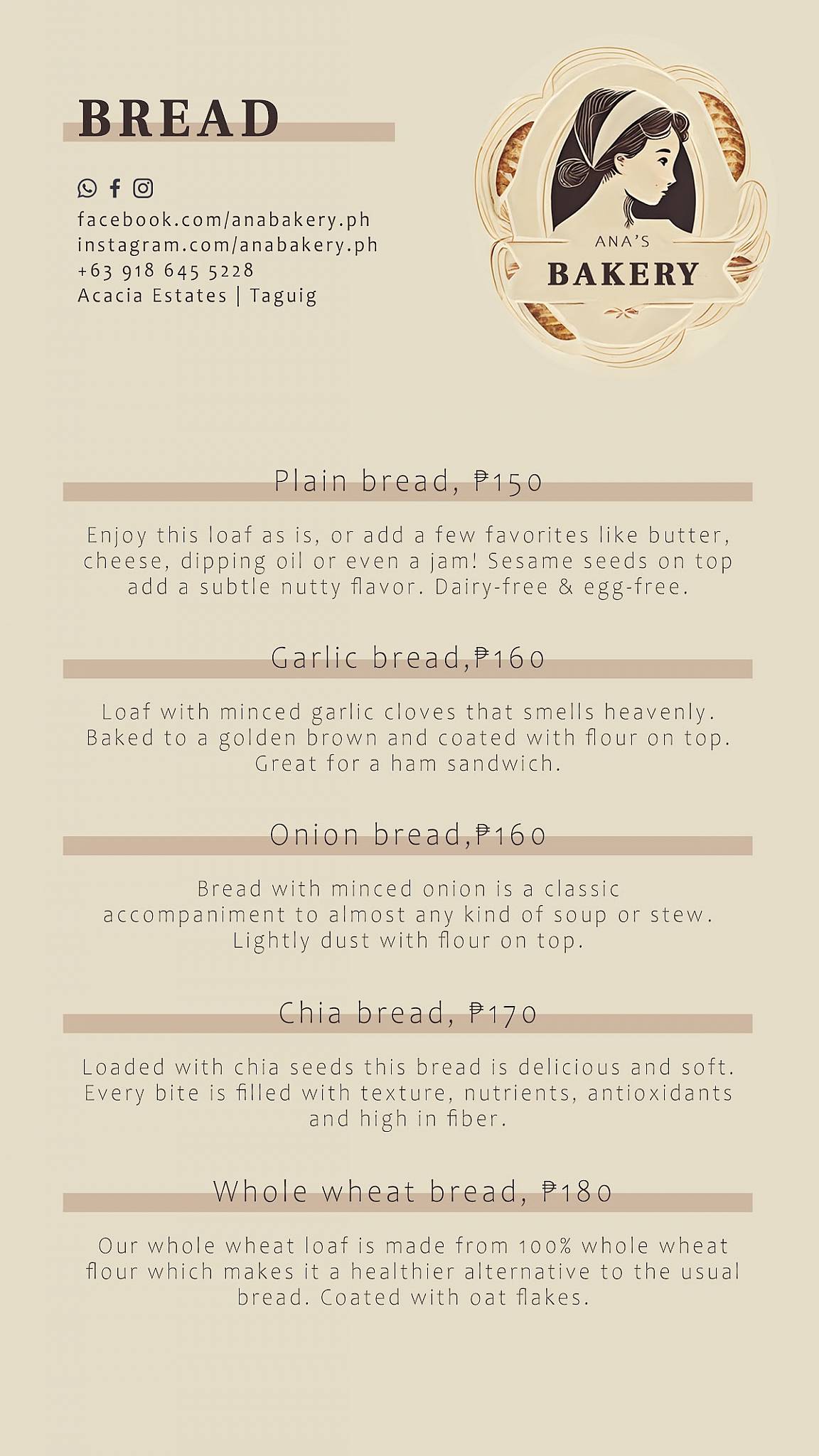 Menu at Ana's Bakery, Taguig