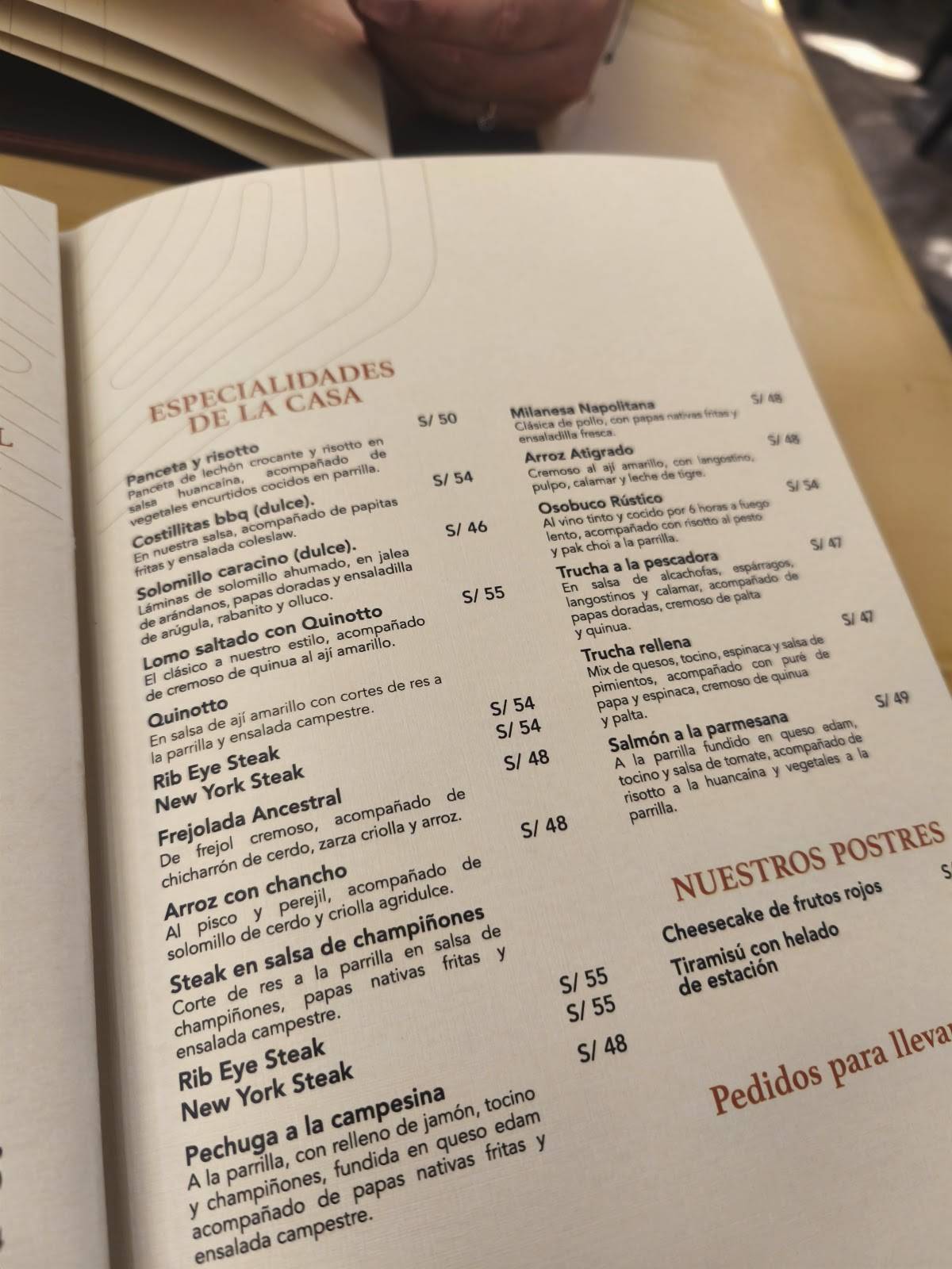 Carta del restaurante Ancestral, Huaraz