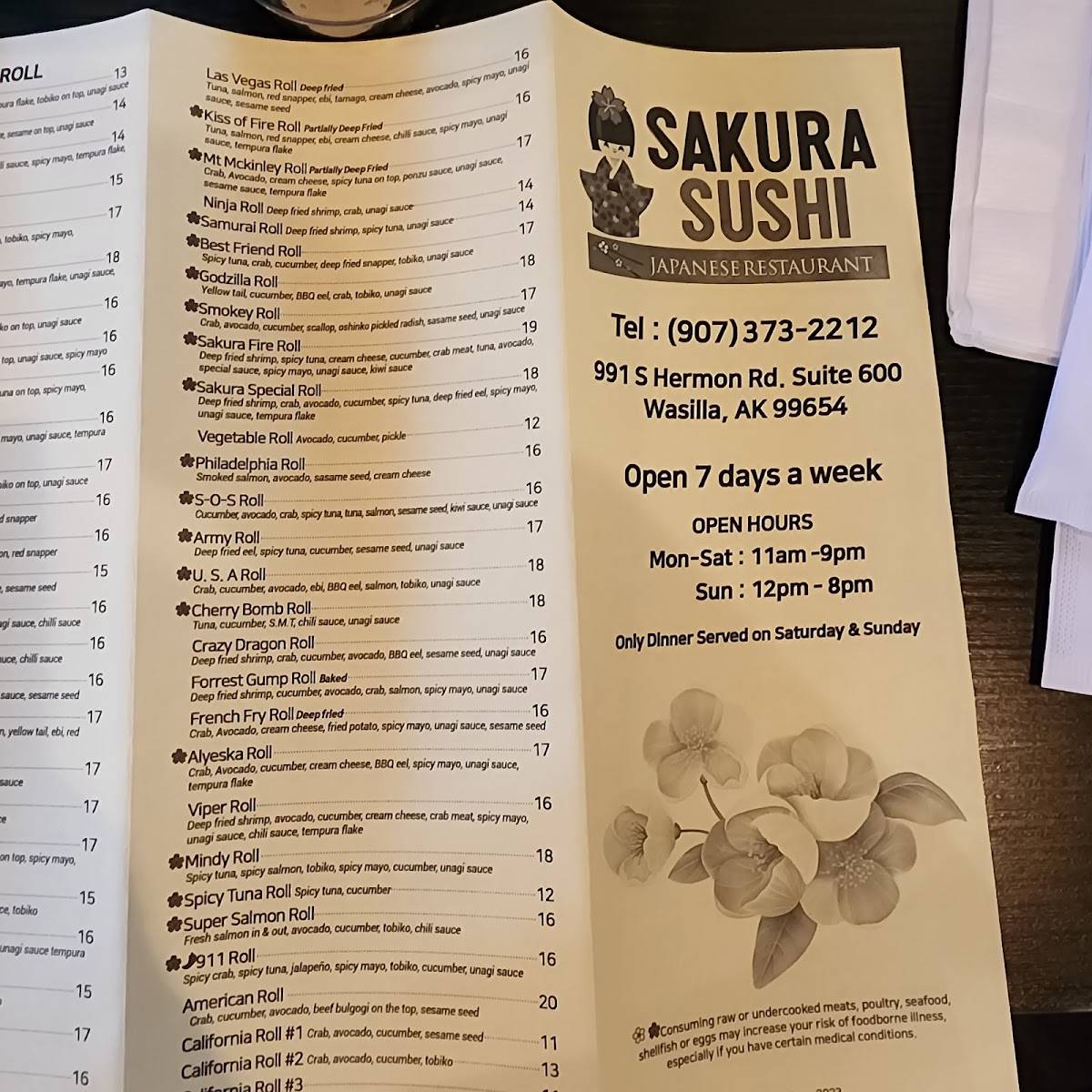 Menu at Sakura Sushi restaurant, Wasilla, 991 S Hermon Rd #600