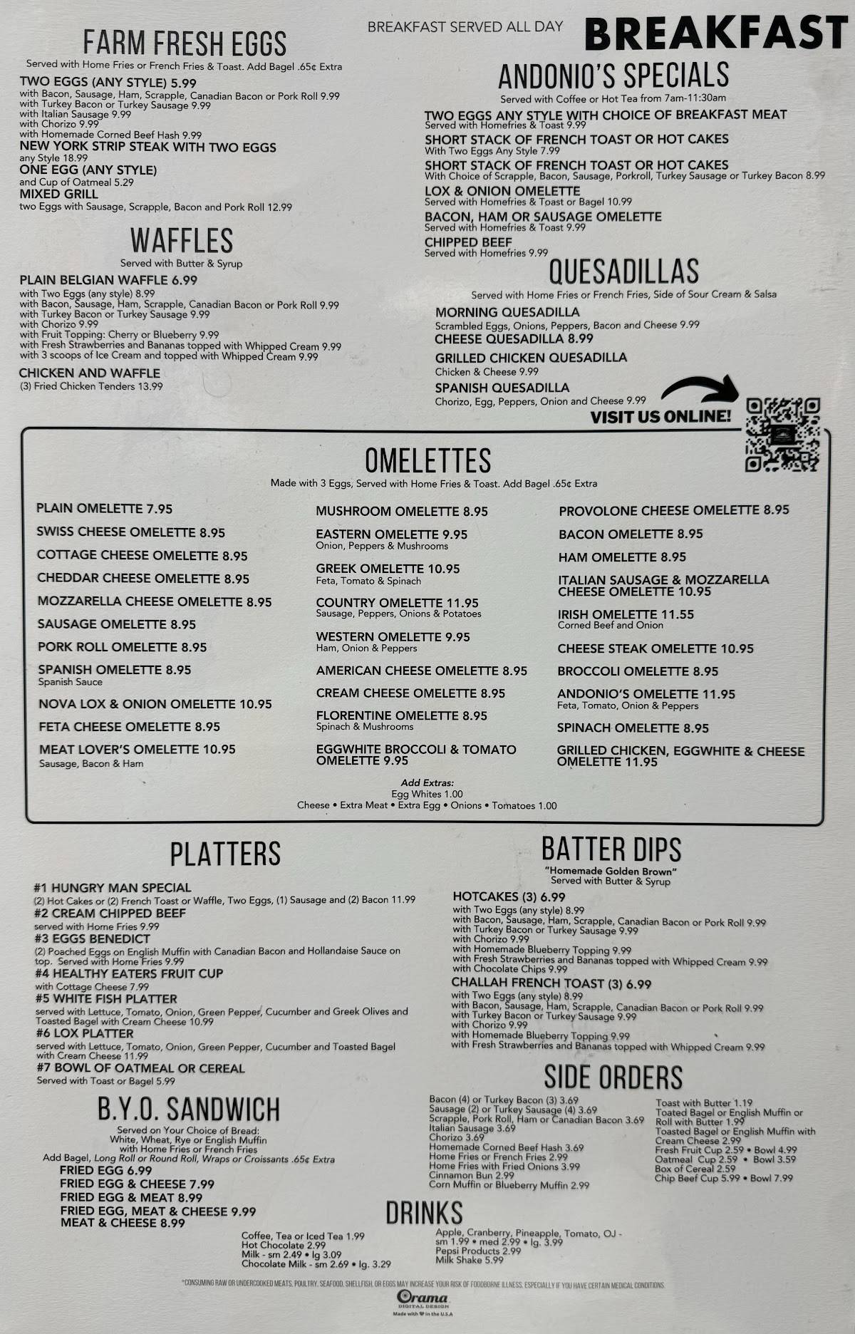 Menu at Andonios Diner restaurant, Philadelphia