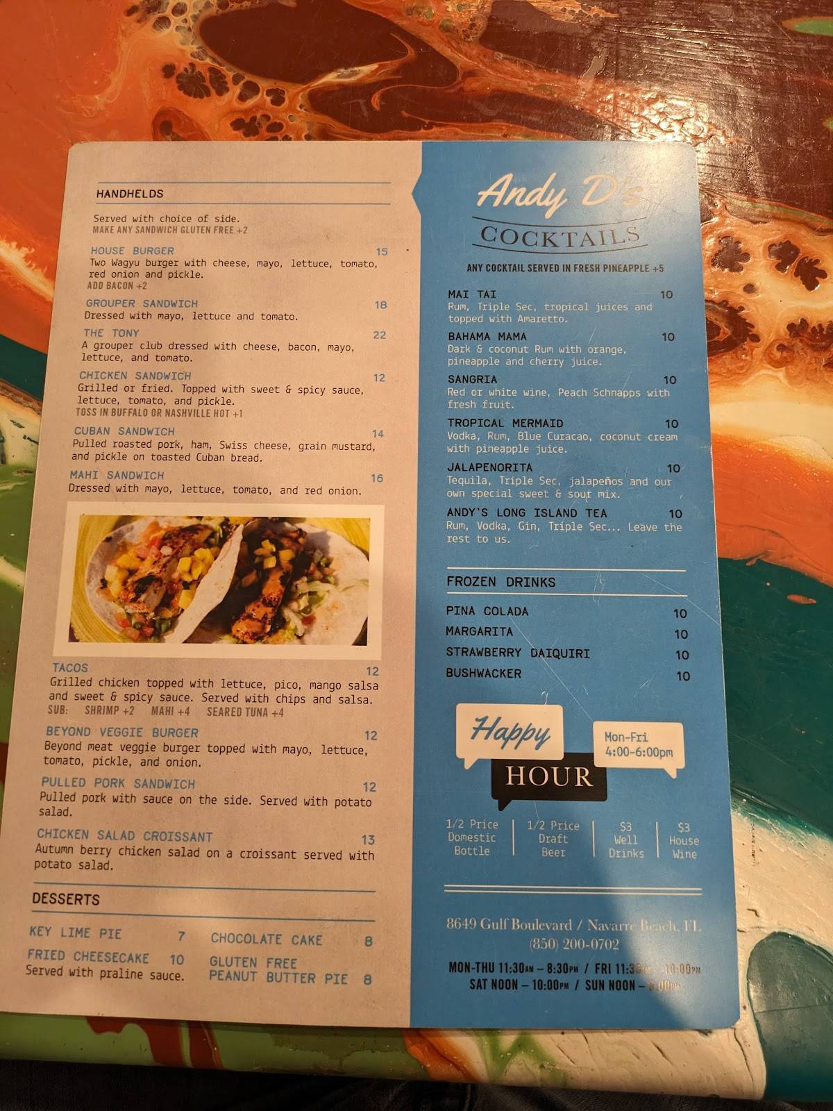 Menu at Andy D's Beachside Restaurant & Deck Bar, Navarre