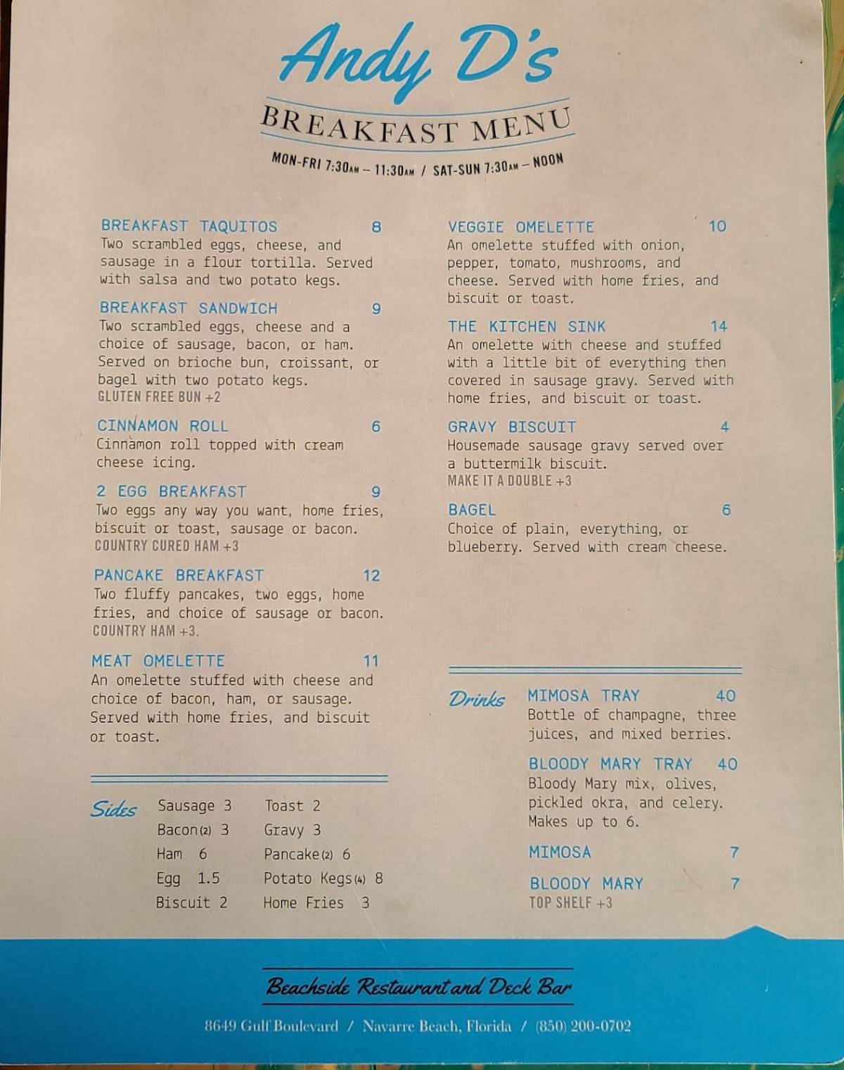 Menu at Andy D's Beachside Restaurant & Deck Bar, Navarre