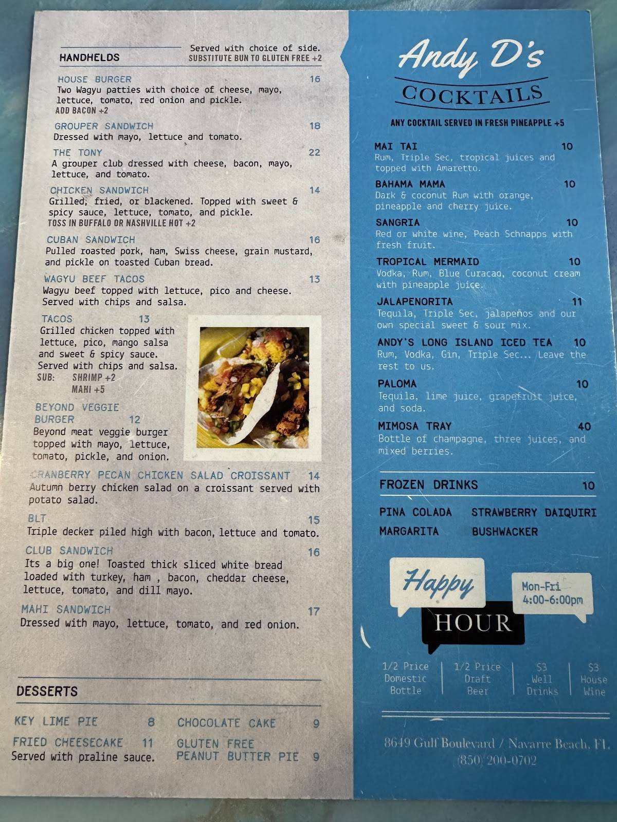 Menu at Andy D's Beachside Restaurant & Deck Bar, Navarre