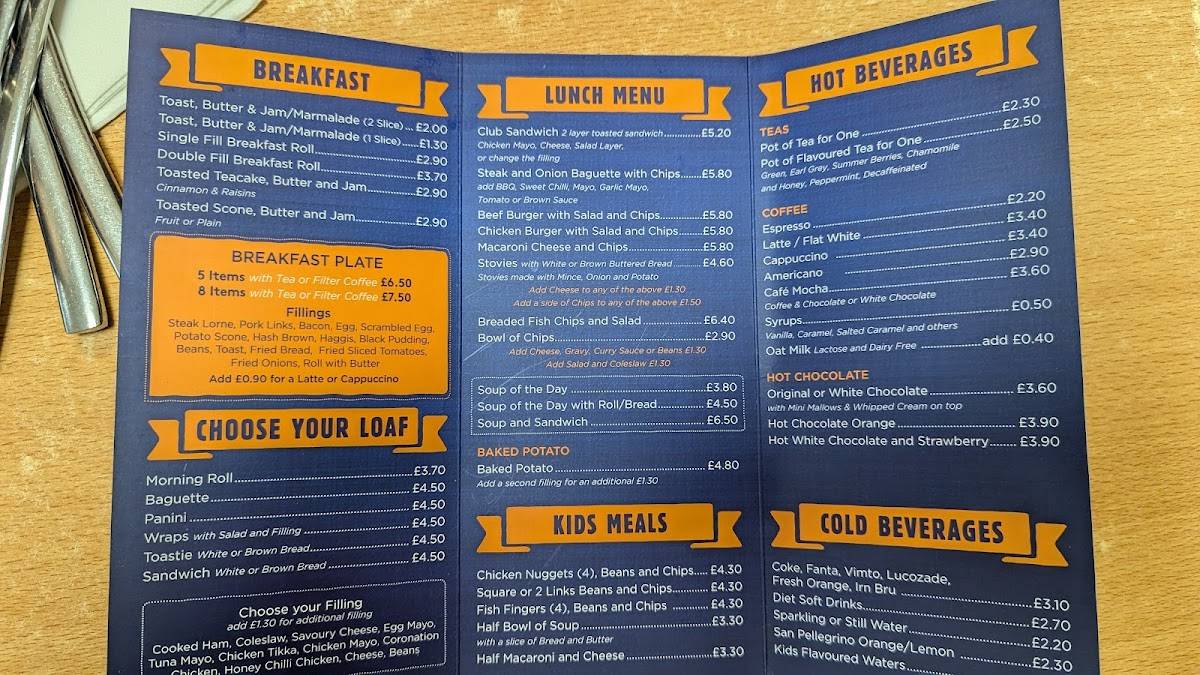Menu at Andys cafe, Bathgate
