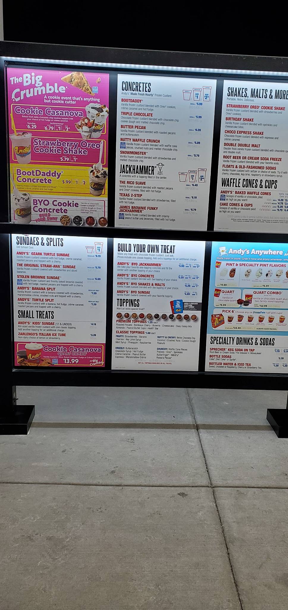 Menu at Andy's Frozen Custard desserts, La Grange Park