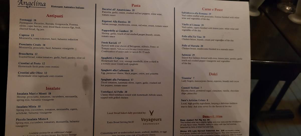 Menu at Angelina Restaurant, Green Bay
