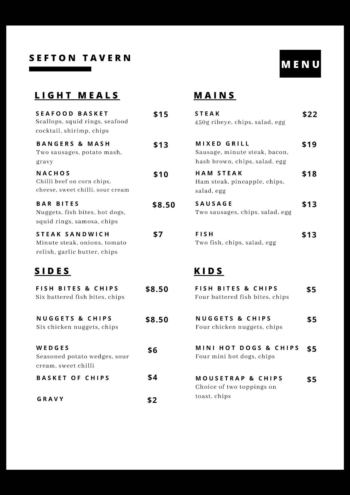 Menu at Anglers Arms Tavern pub & bar, Sefton