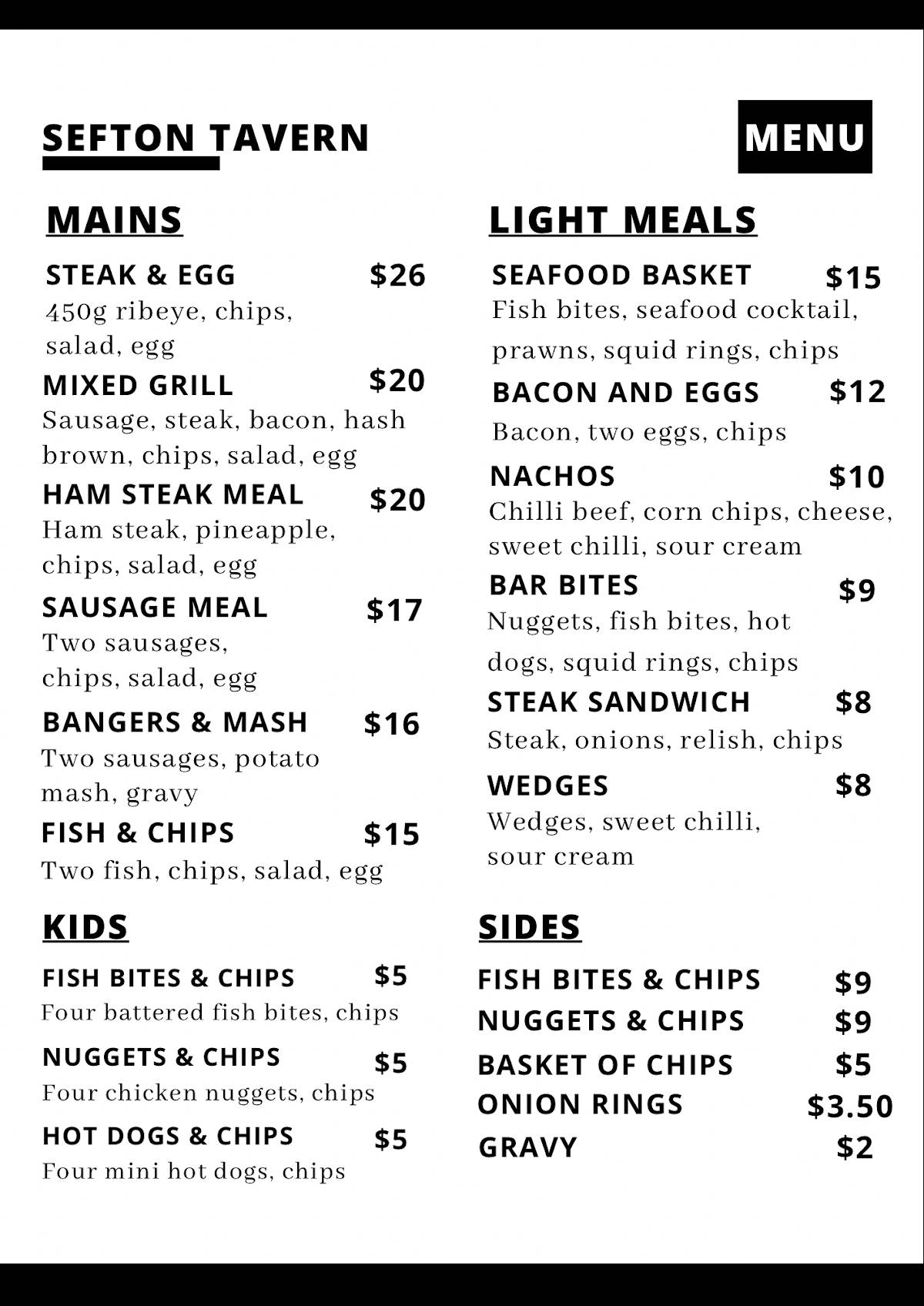 Menu at Anglers Arms Tavern pub & bar, Sefton