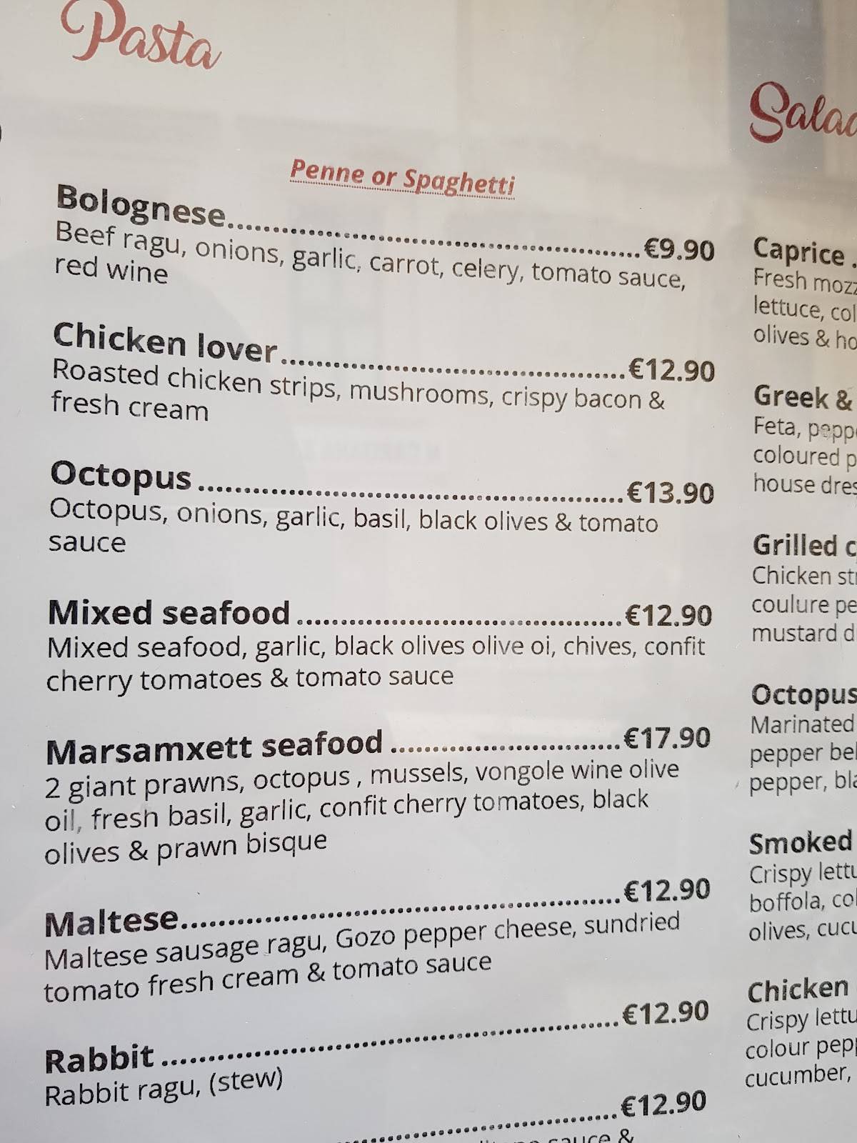Menu at Anglo-Maltese Restaurant, Valletta