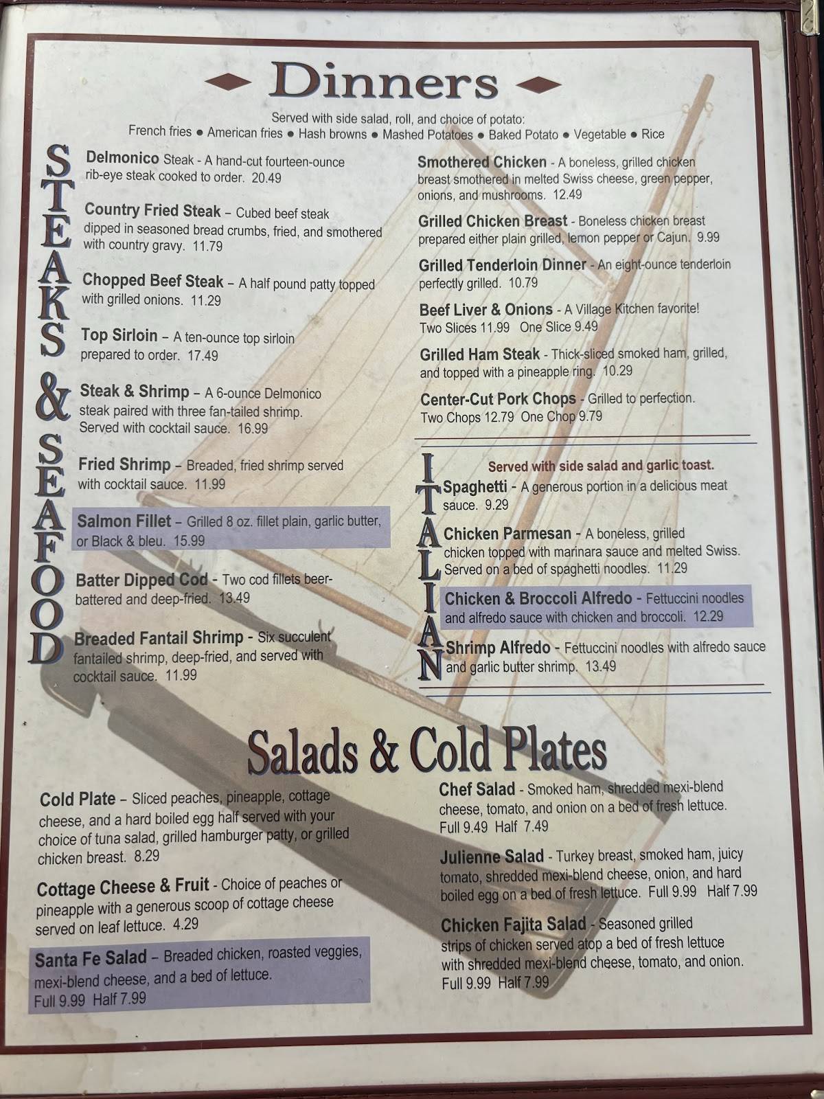Menu at Village Kitchen restaurant, Angola