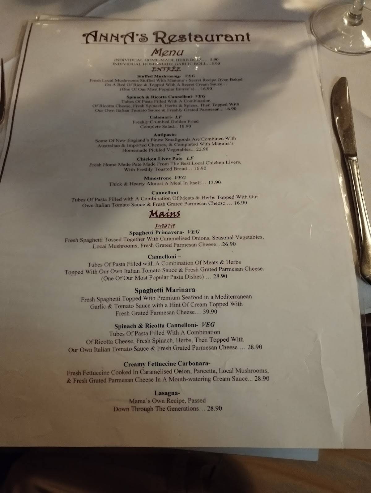 Menu at Anna's Restaurant, Stanthorpe