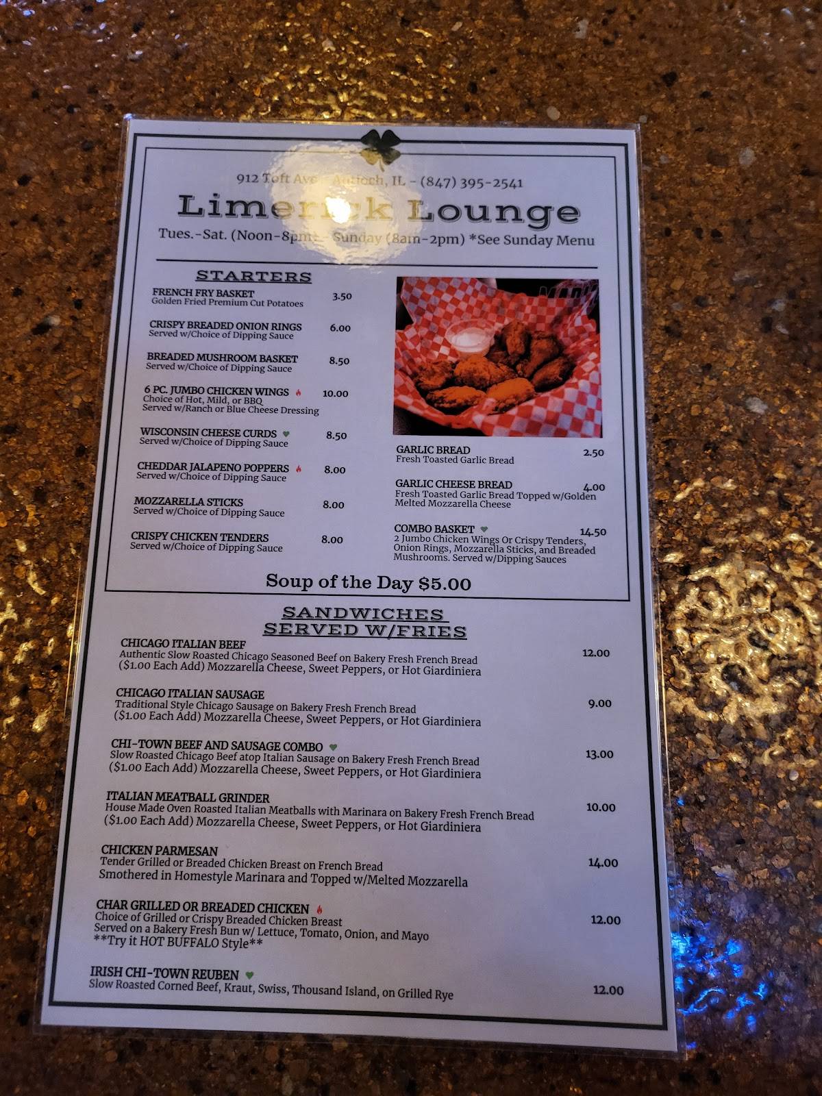 Menu at Limerick Lounge pub & bar, Antioch