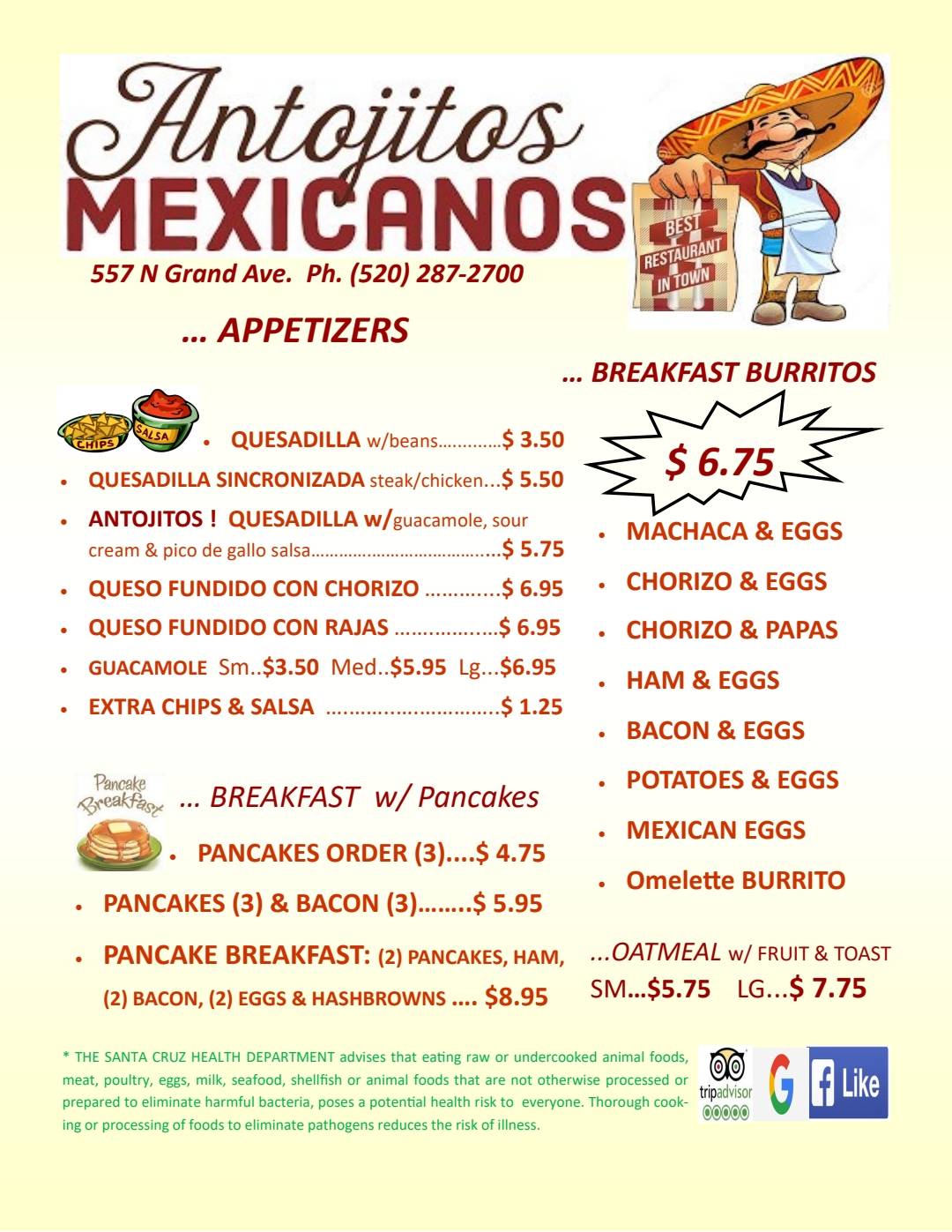 Carta del restaurante Antojitos Mexicanos, Nogales