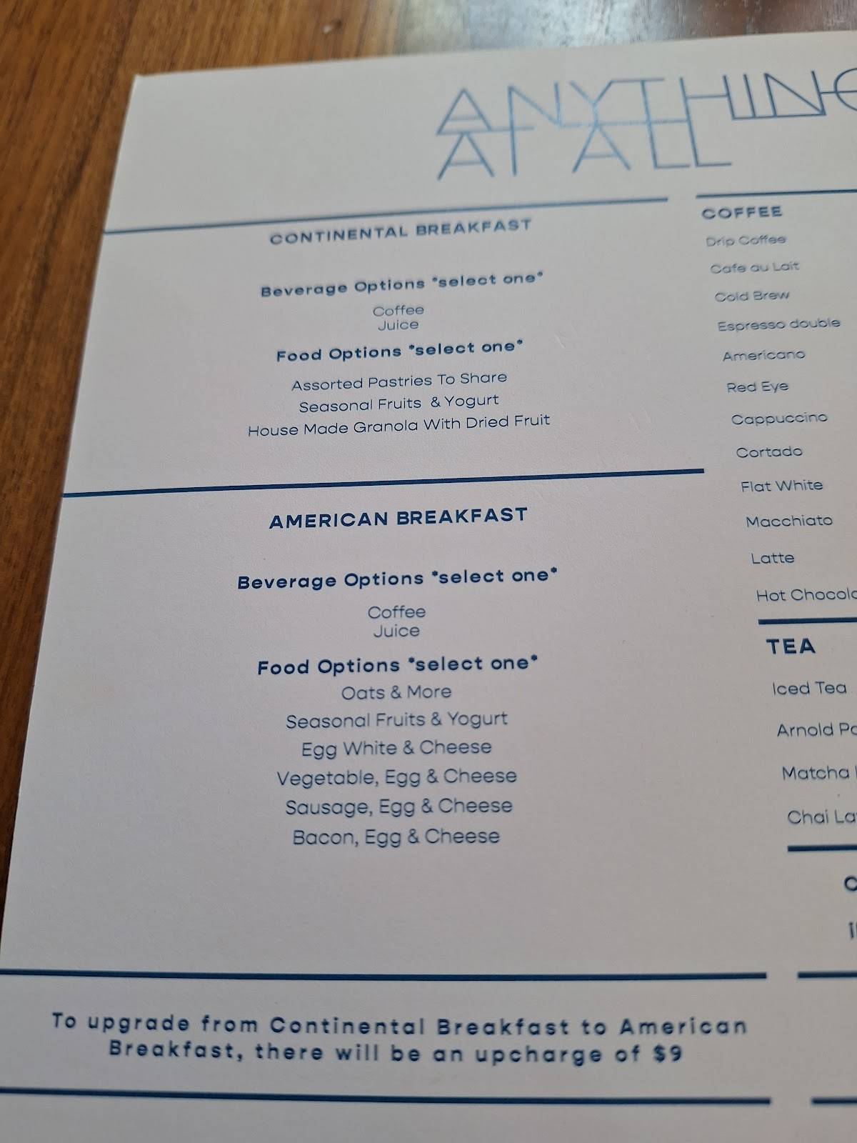 Menu at Anything At All restaurant, New York City