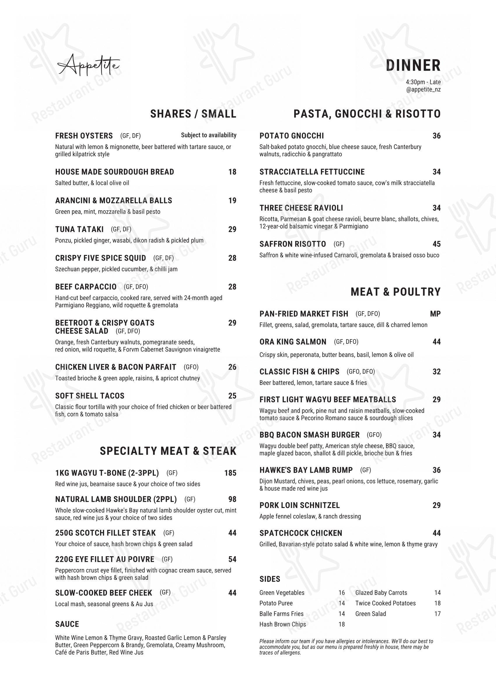 Menu at Appetite restaurant, Pukekohe