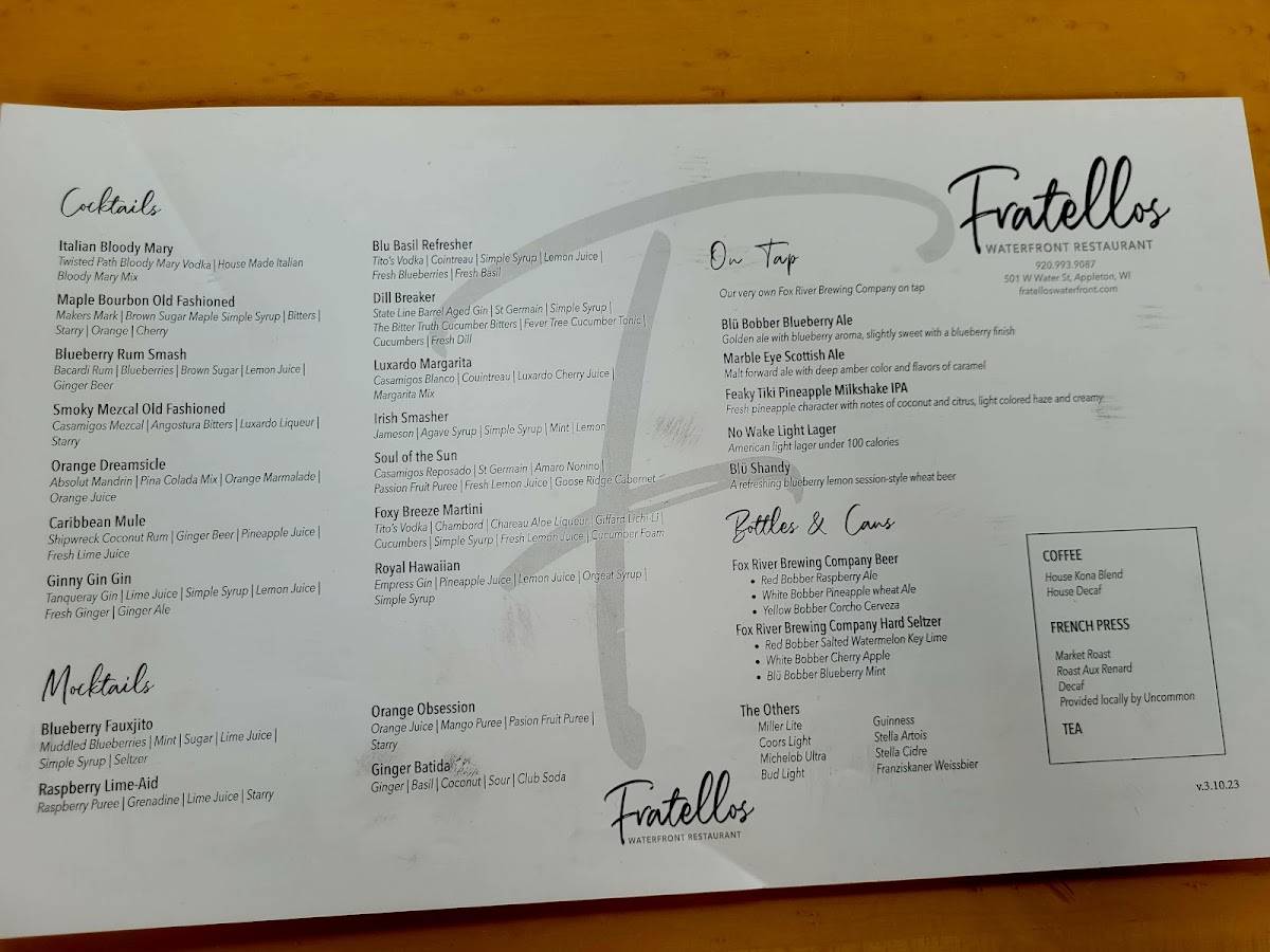 Menu at Fratellos Riverfront Restaurant, Appleton