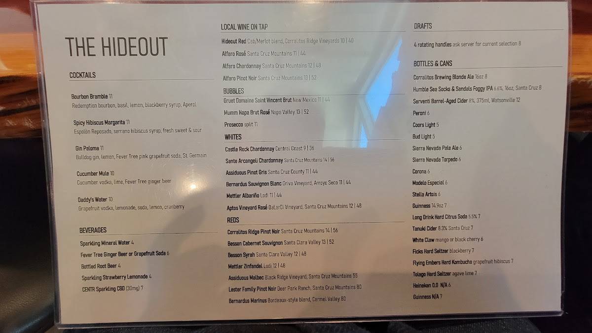 Menu at The Hideout pub & bar, Aptos