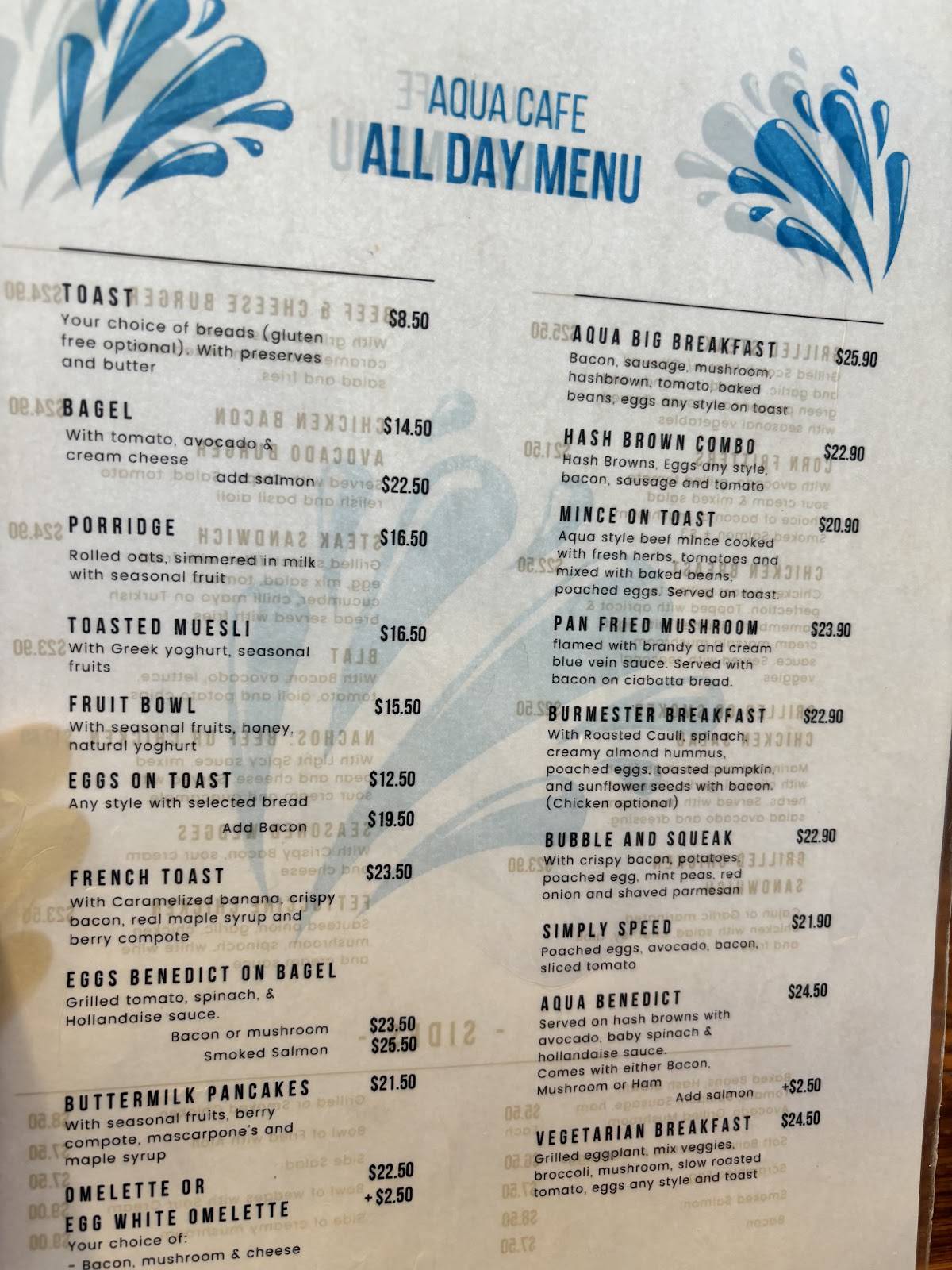 Menu at Aqua Cafe, Auckland