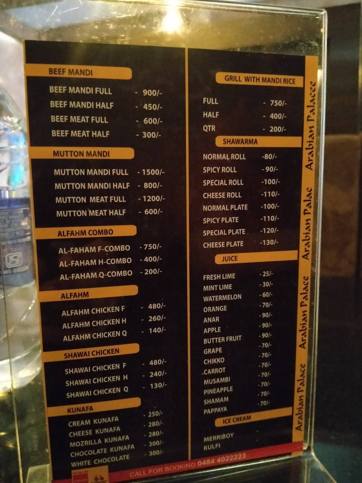 Menu at Arabian Palace Edappally, Kochi, Marottichodu