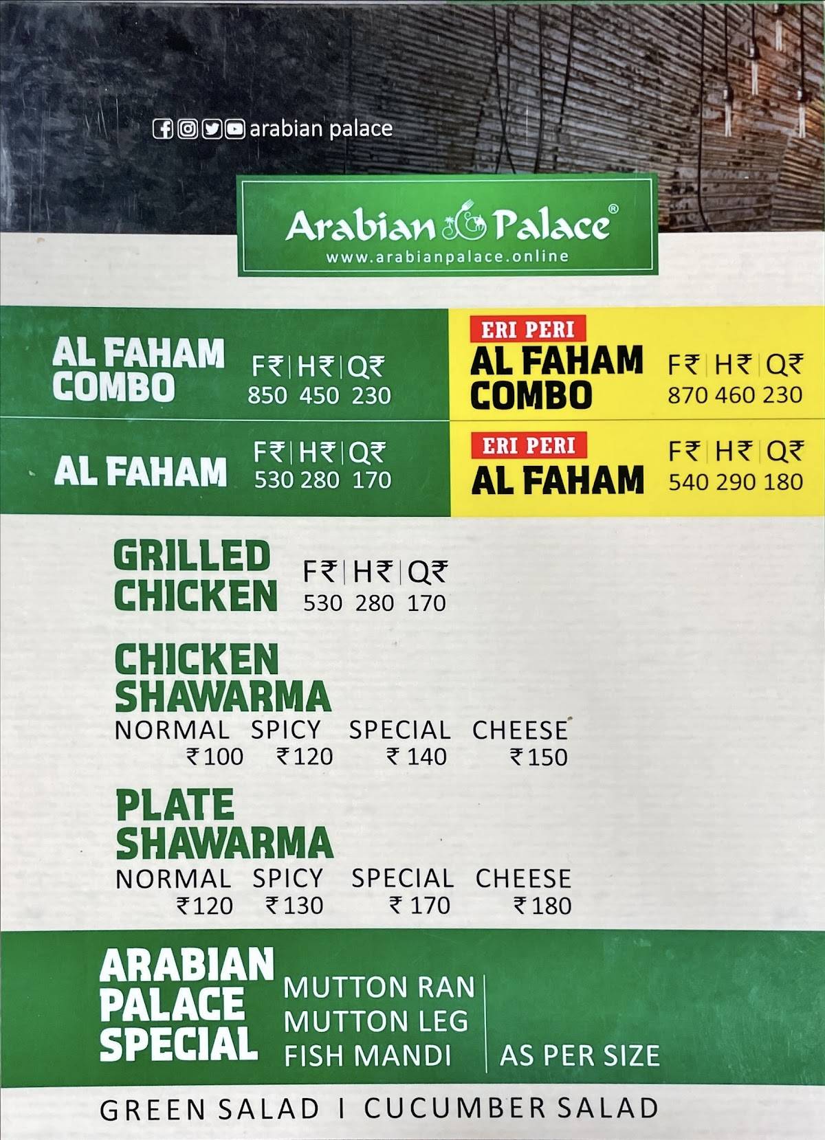 Menu at Arabian Palace Edappally, Kochi, Marottichodu