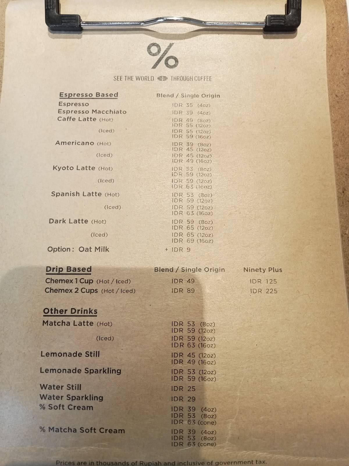 Menu at % Arabica Jakarta Roastery, South Jakarta