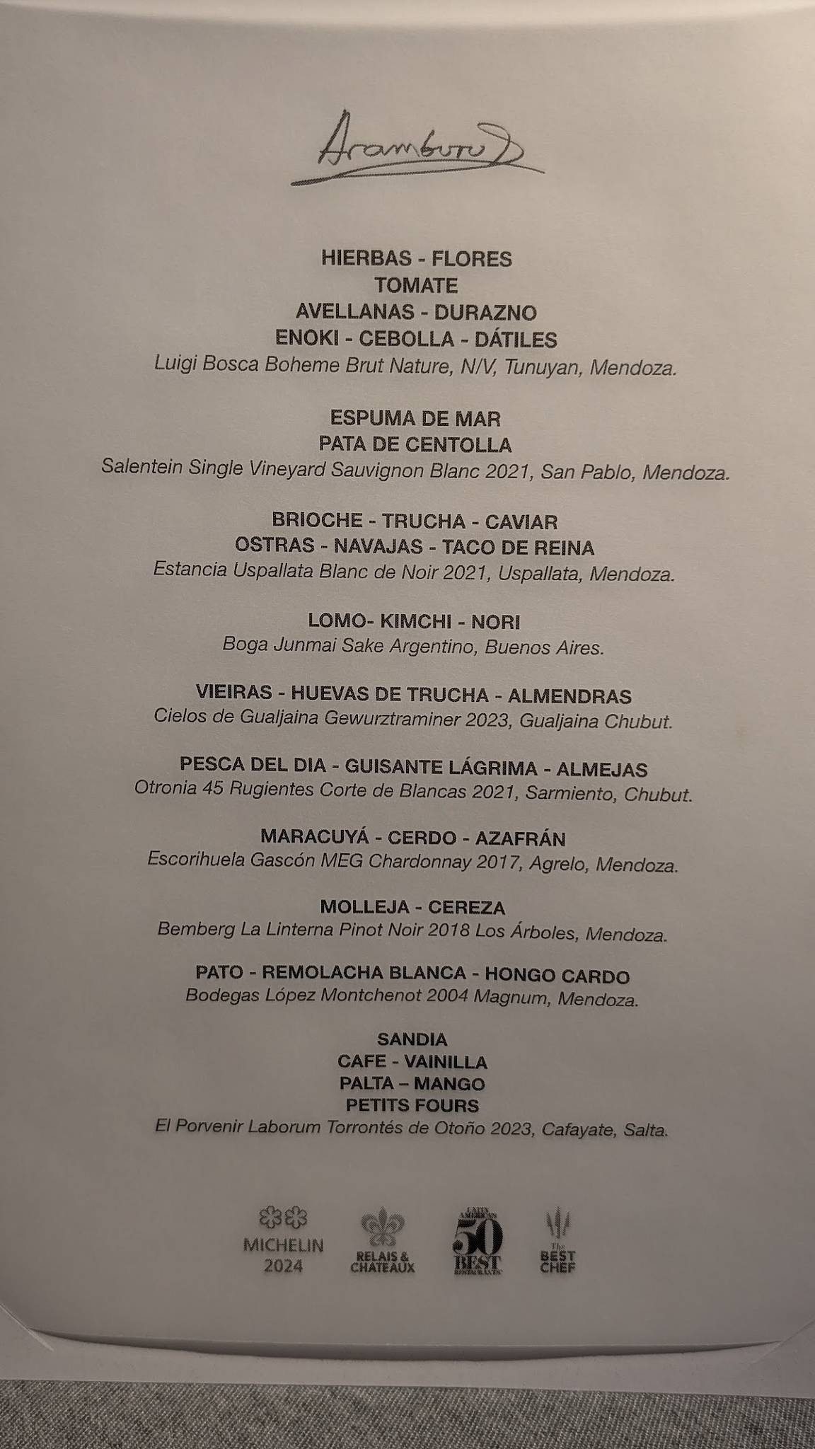 Carta de parrilla Aramburu Relais & Châteaux, Buenos Aires, Vicente ...