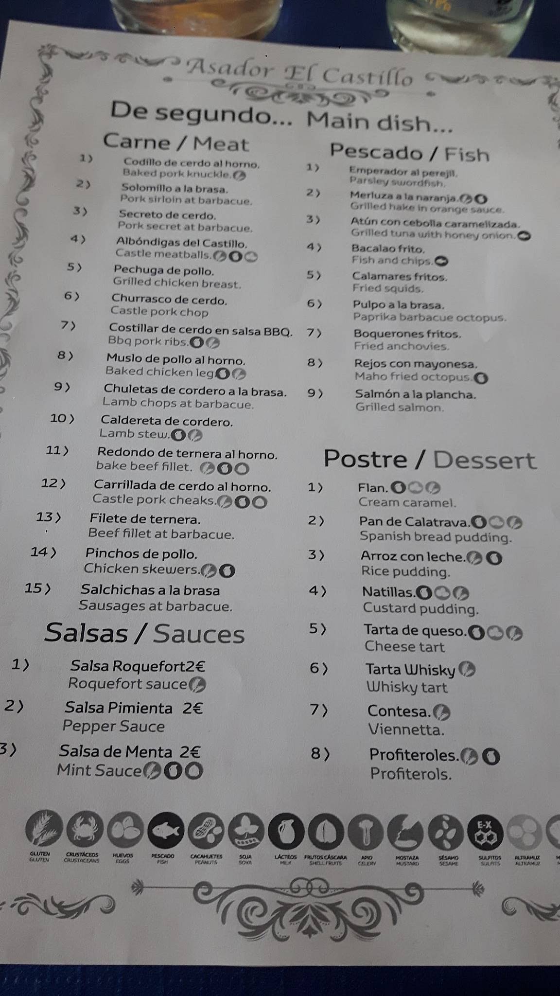 Menu at El Castillo restaurant, Arboleas