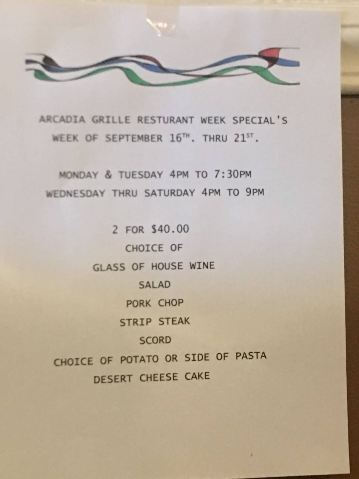 Menu at Arcadia Grille restaurant, Canton