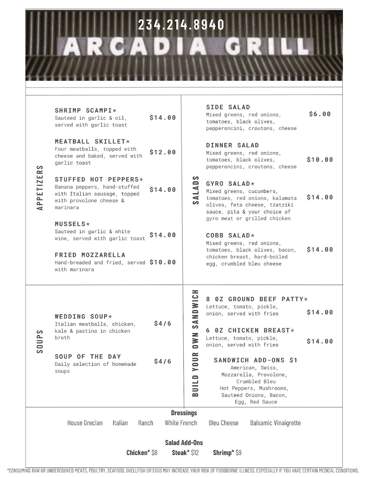 Menu at Arcadia Grille restaurant, Canton
