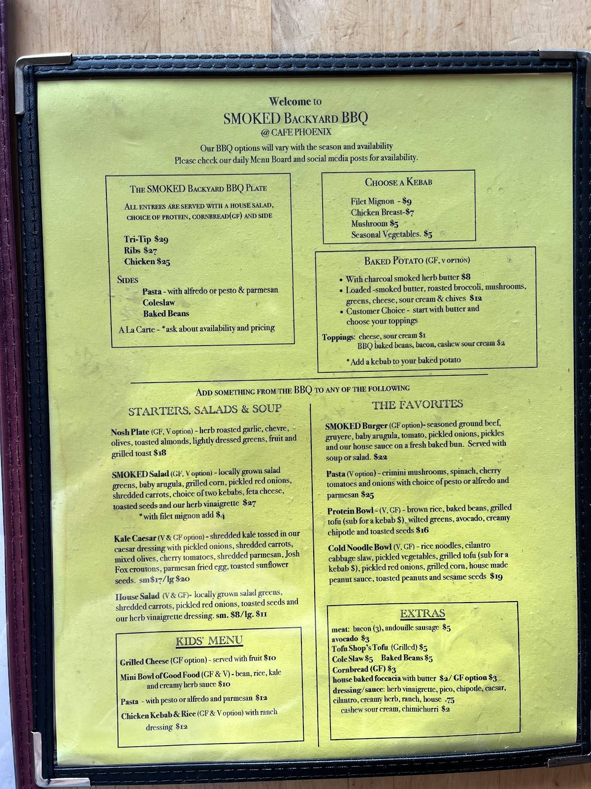 Menu at Cafe Phoenix, Arcata