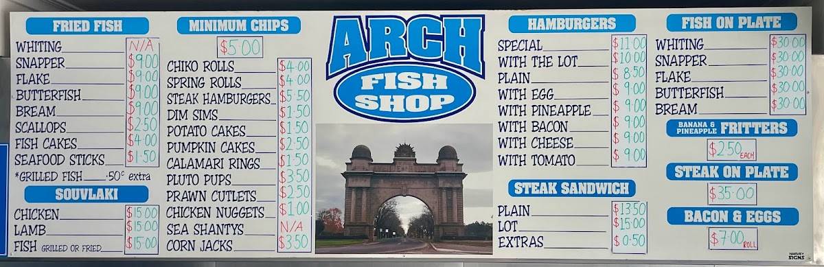 Menu at Arch Fish Shop fast food, Alfredton
