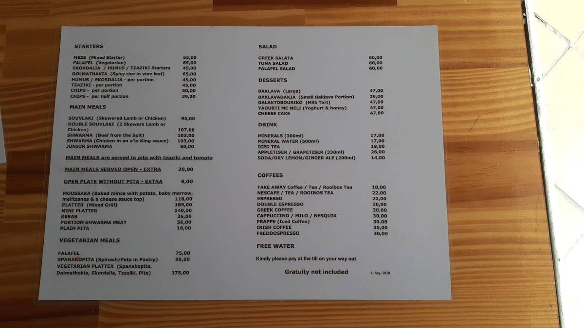 Menu at Aris Souvlaki restaurant, Cape Town